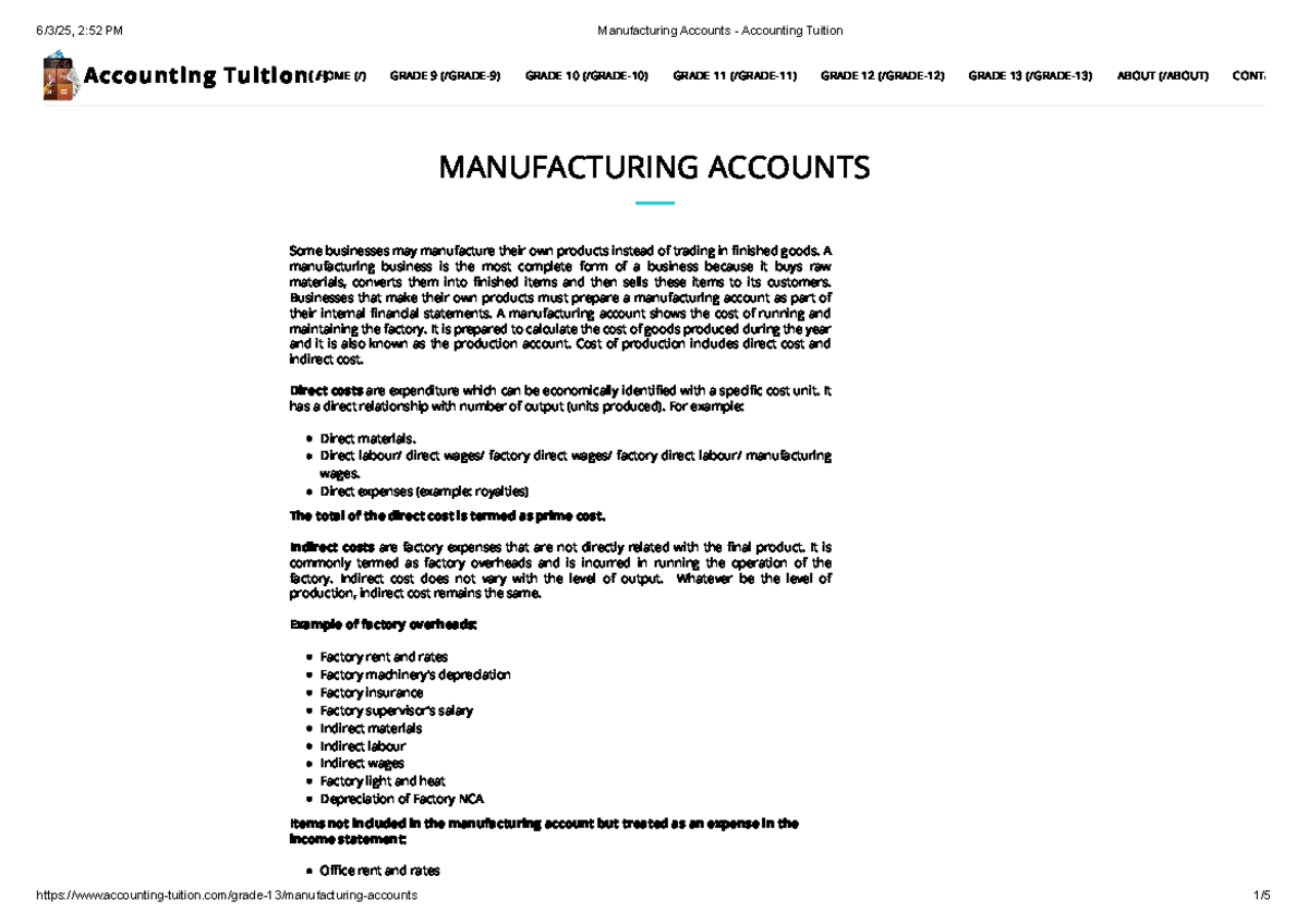 Manufacturing Accounts Overview - Accounting Tuition GRADE 9-13 - Studocu