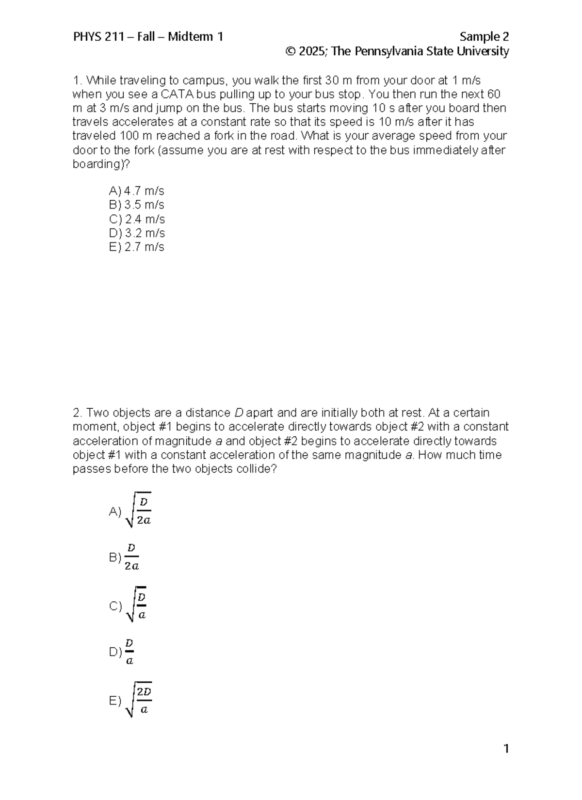 PHYS 211 Fall Midterm 1 Sample Questions and Solutions - Studocu