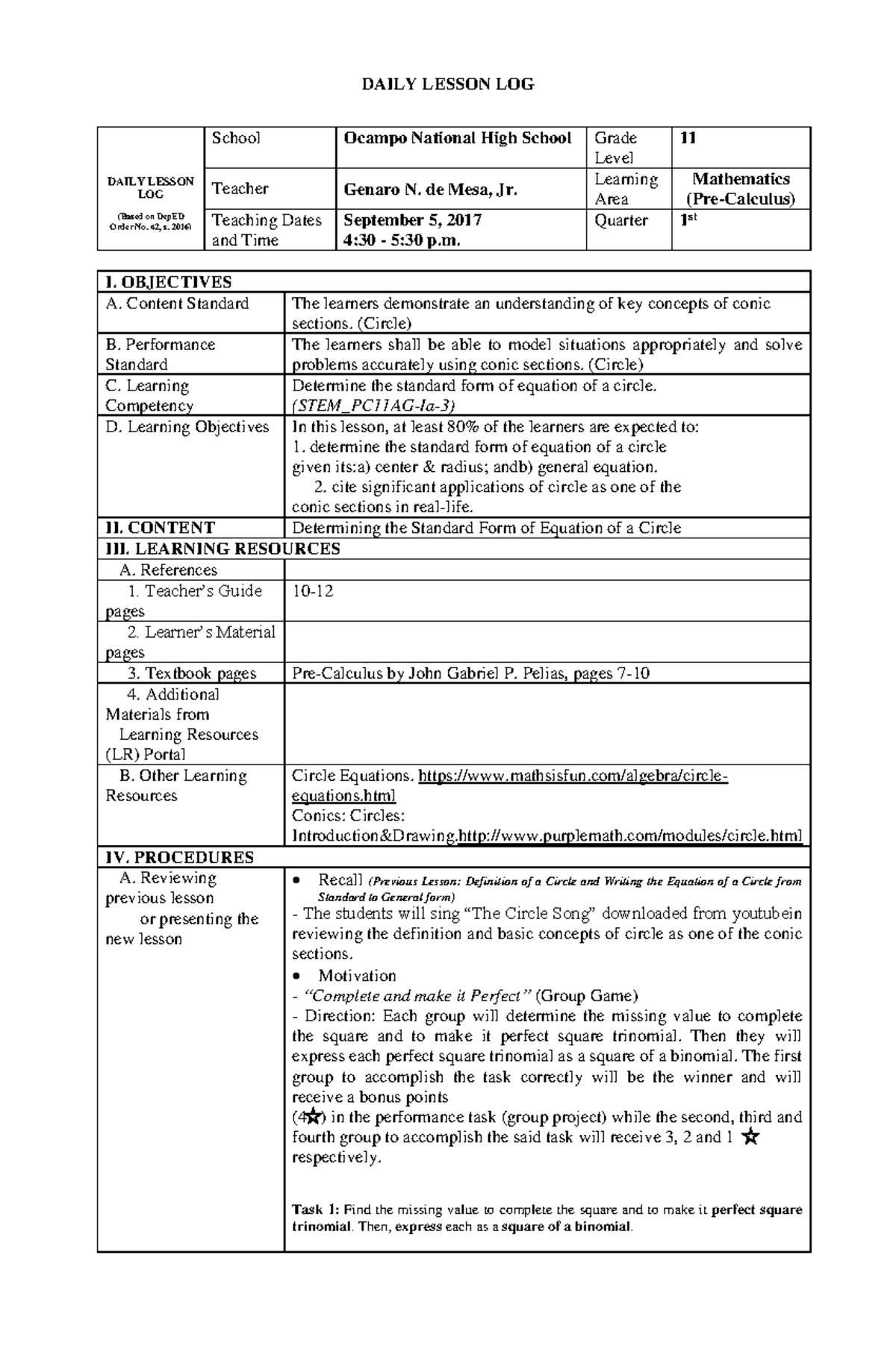 422733428 Daily Lesson Log for Grade 11 Pre-Calculus: Equation of a ...