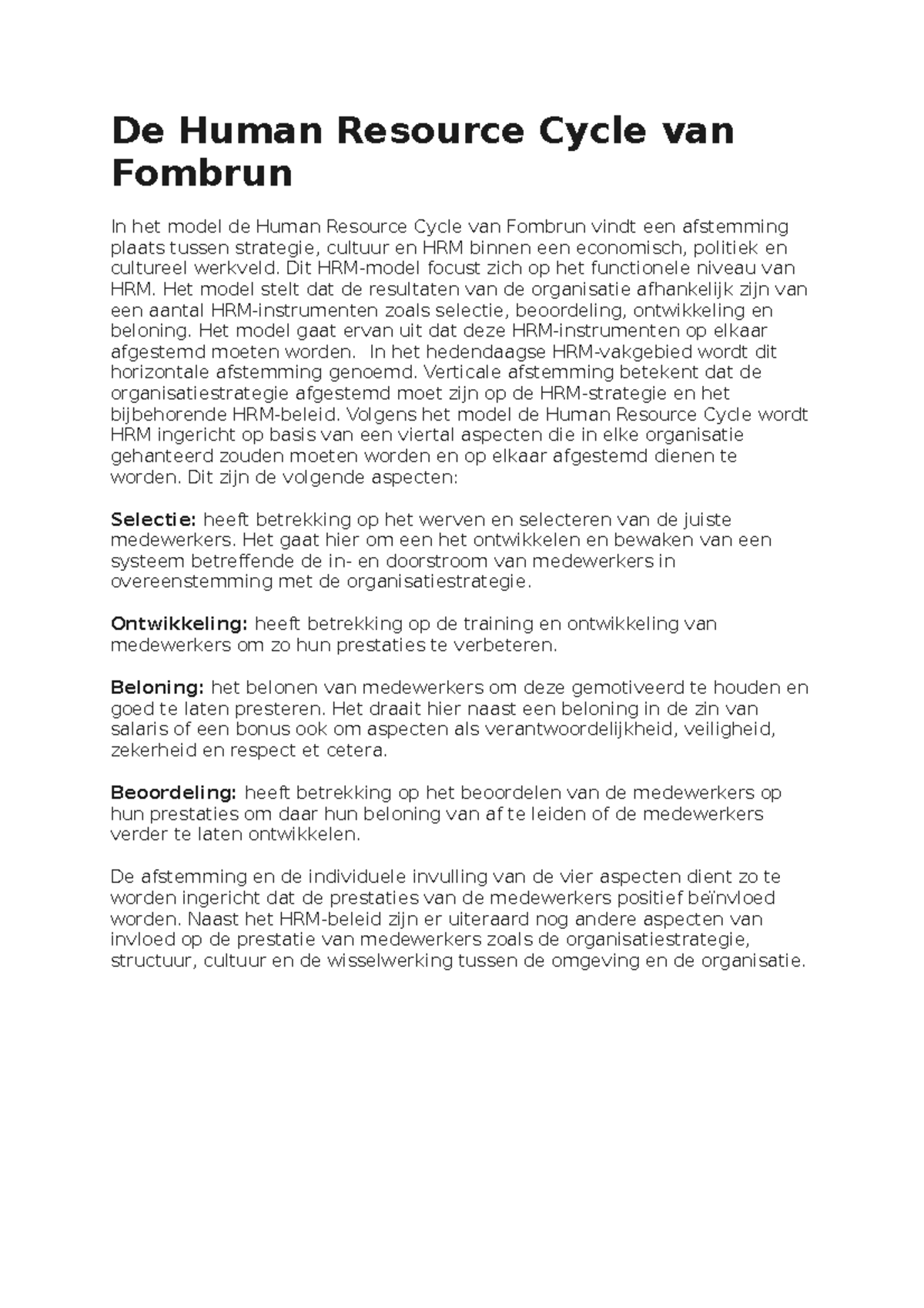 De Human Resource Cycle van Fombrun: Een HRM-model Analyse - Studeersnel