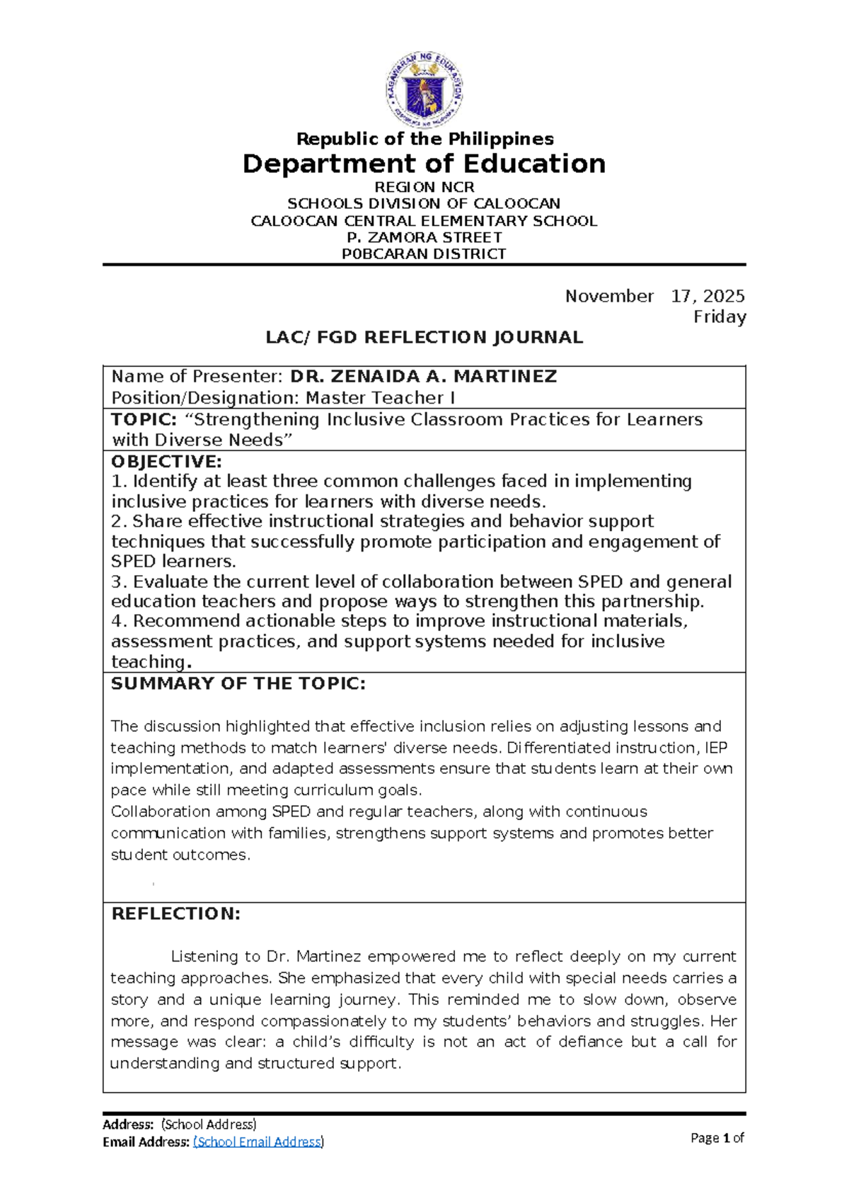 FGD Reflection Journal: Inclusive Classroom Practices for Diverse ...