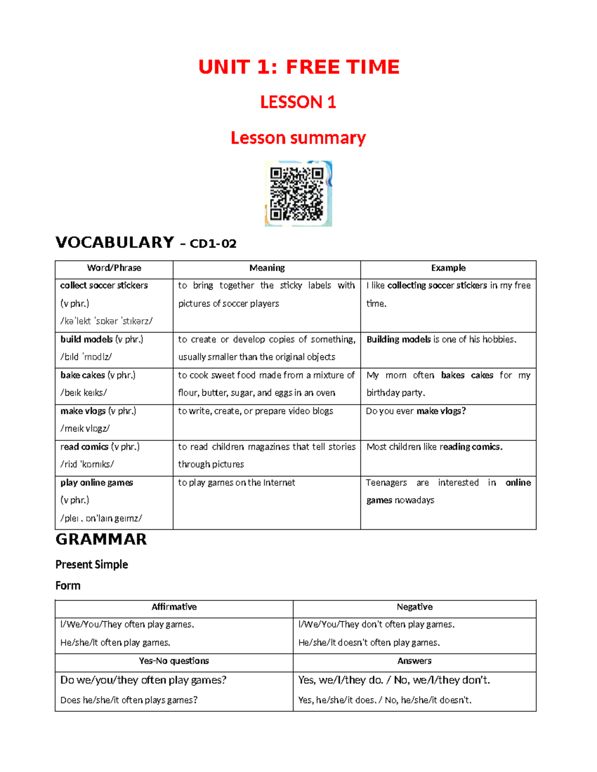 UNIT 1: FREE TIME LESSON 1-3 Summary and Vocabulary Notes - Studocu