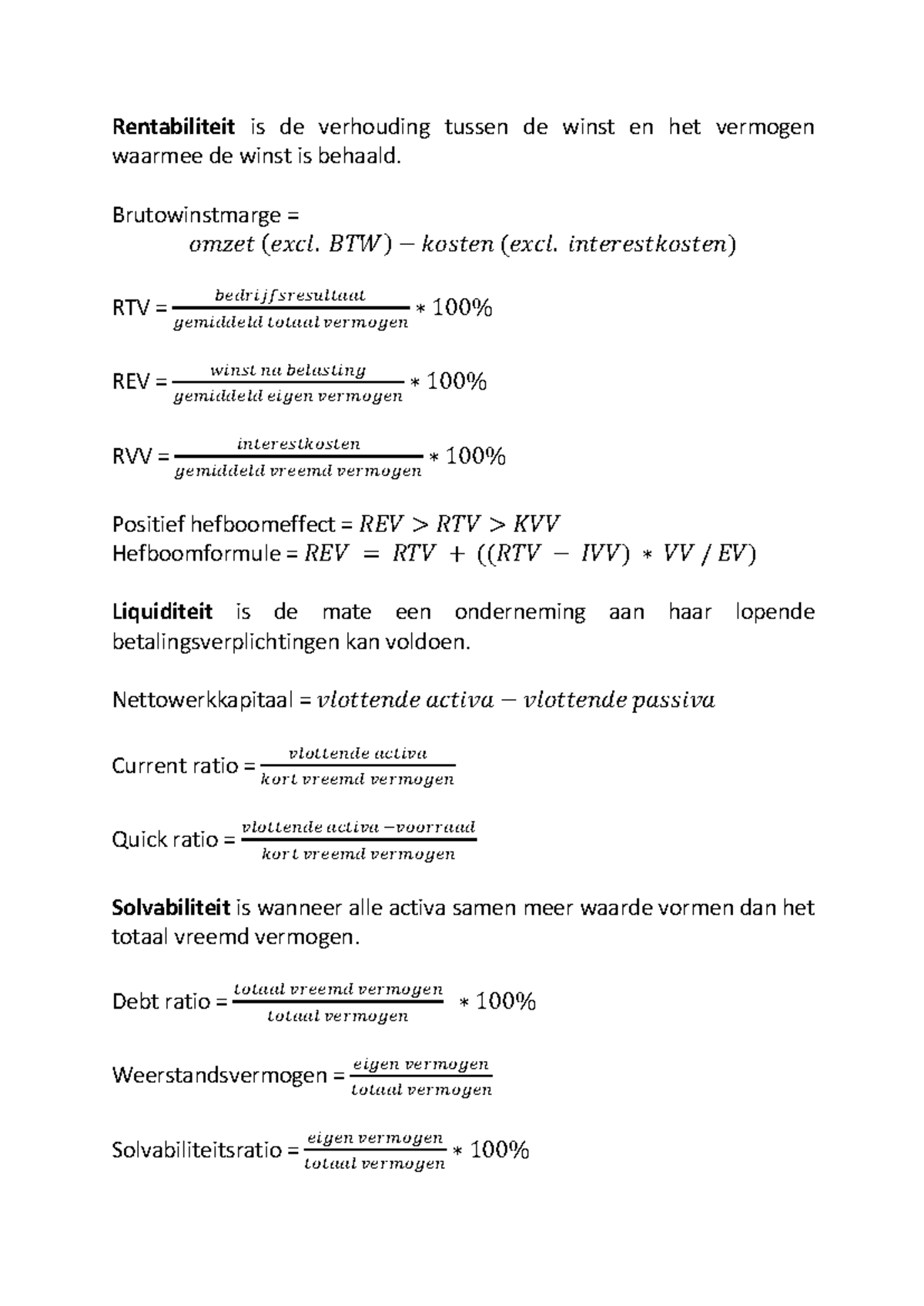 Assessment - Formules - Rentabiliteit is de verhouding tussen de winst ...