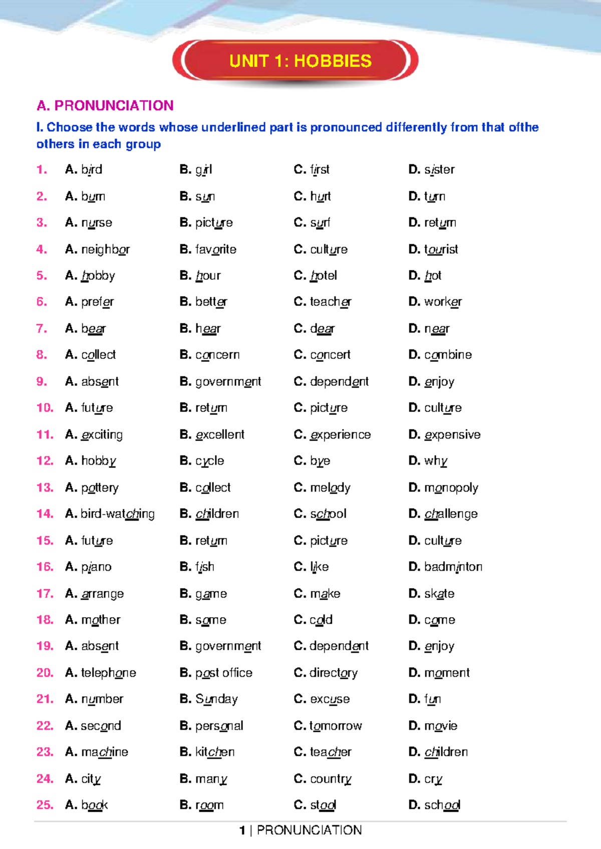Soan BT: Pronunciation Practice Units 1-6 E7-MTC - Studocu