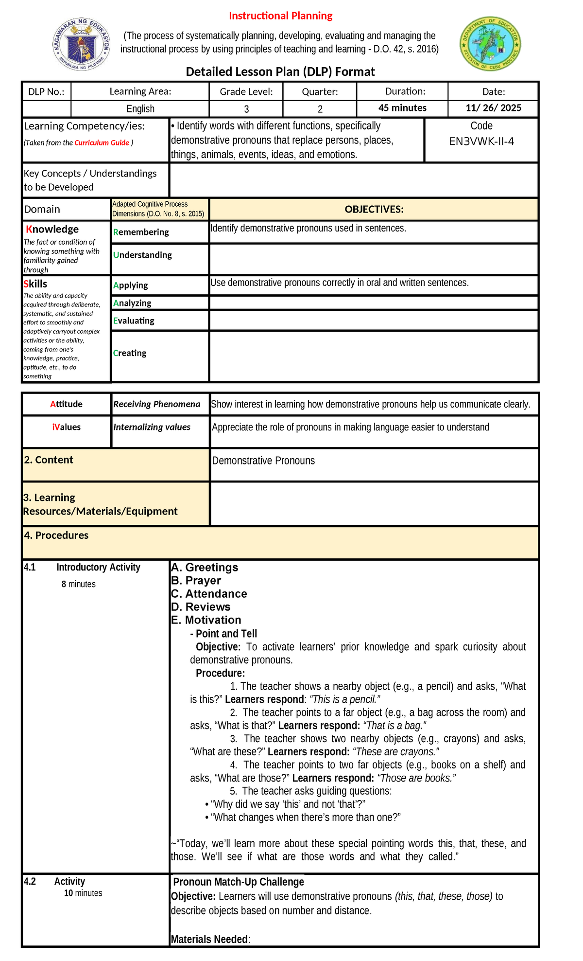 Final Demo Lesson Plan: English 3 - Demonstrative Pronouns - Studocu