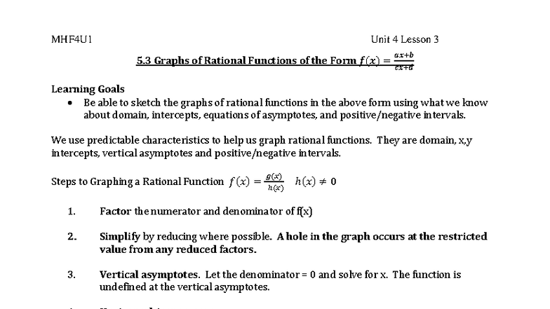 MHF4U1 Unit 4 Lesson 3: Graphing Rational Functions - Studocu
