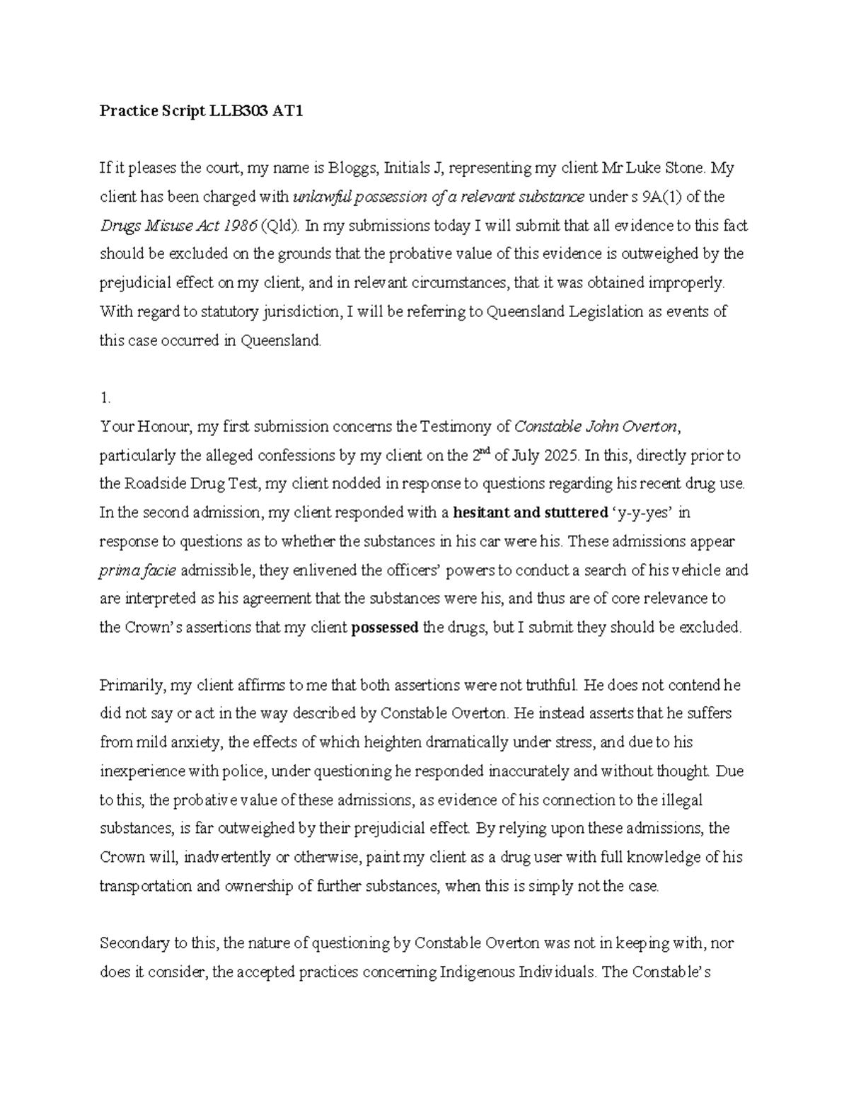 Practice Script for LLB303 AT1: Legal Submissions on Evidence - Studocu