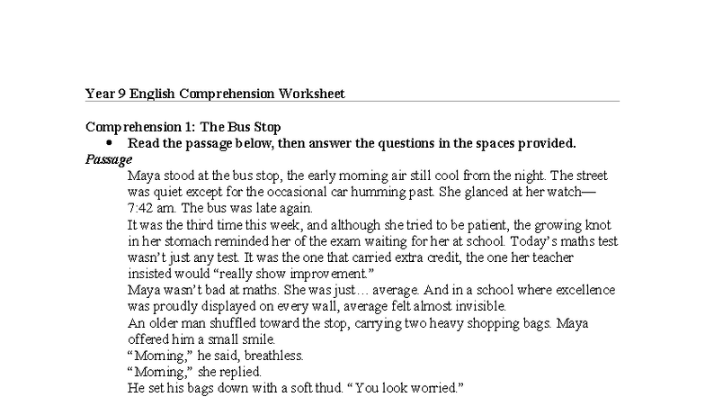 Year 9 English Comprehension Worksheet: The Bus Stop Passage Analysis ...