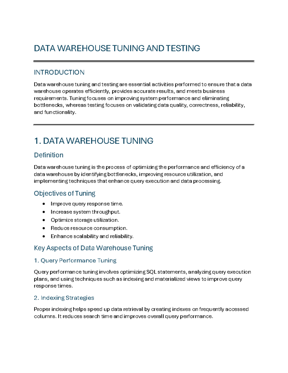 DATA WAREHOUSE TUNING AND TESTING OVERVIEW - Studocu