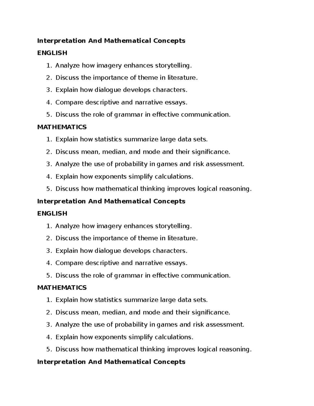 Interpretation and Mathematical Concepts: ENGLISH & MATH Insights - Studocu