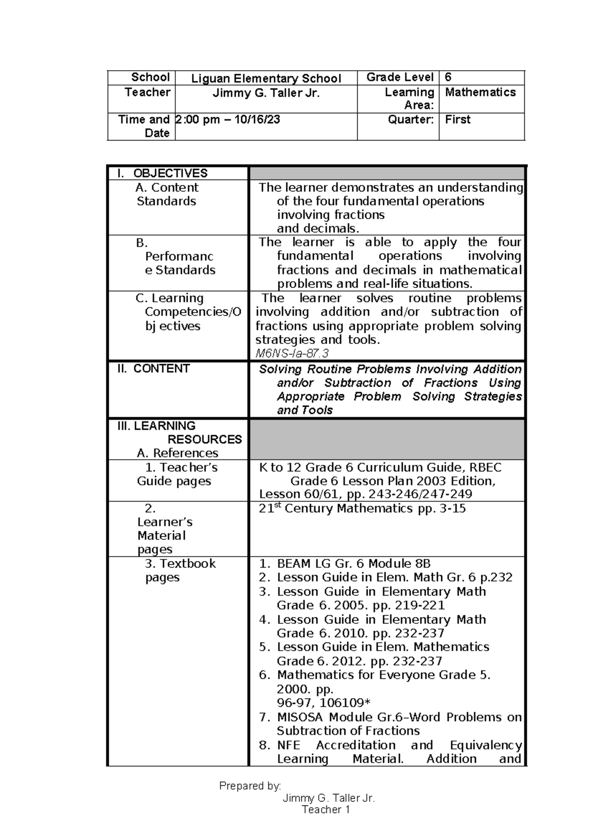 Math 6 DLP: Solving Routine & Non-Routine Fraction Problems - Studocu