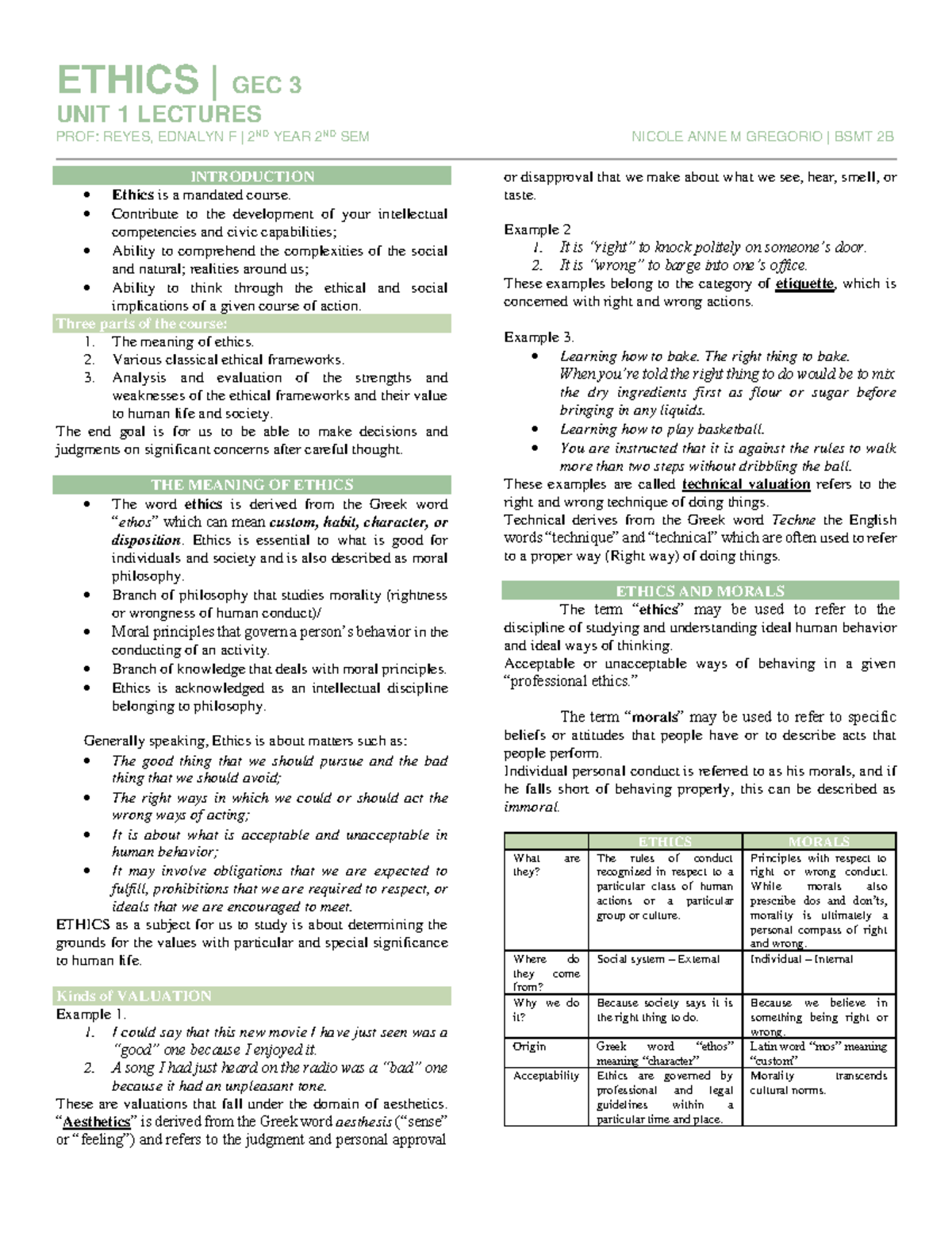 ETHICS GEC 3 UNIT 1 LECTURES: INTRO TO ETHICAL FRAMEWORKS & VALUATION ...