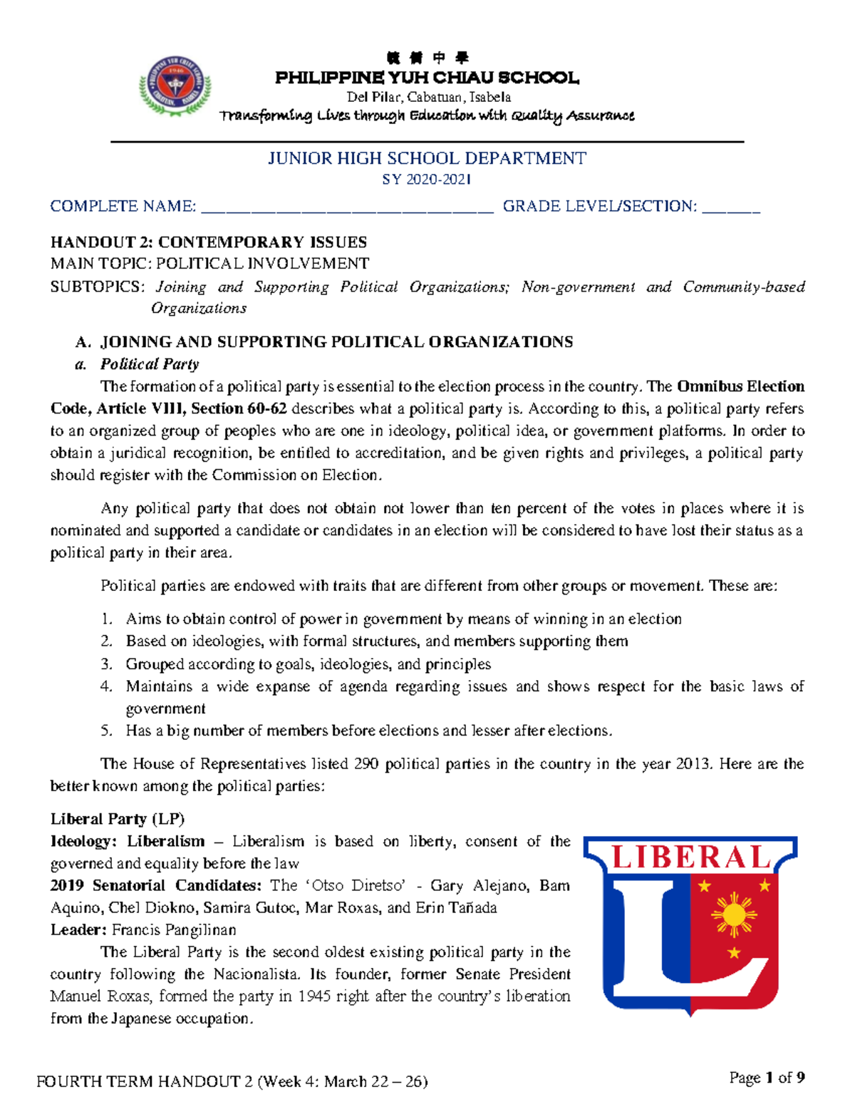 Political Involvement: Political Organizations & Party-List System ...