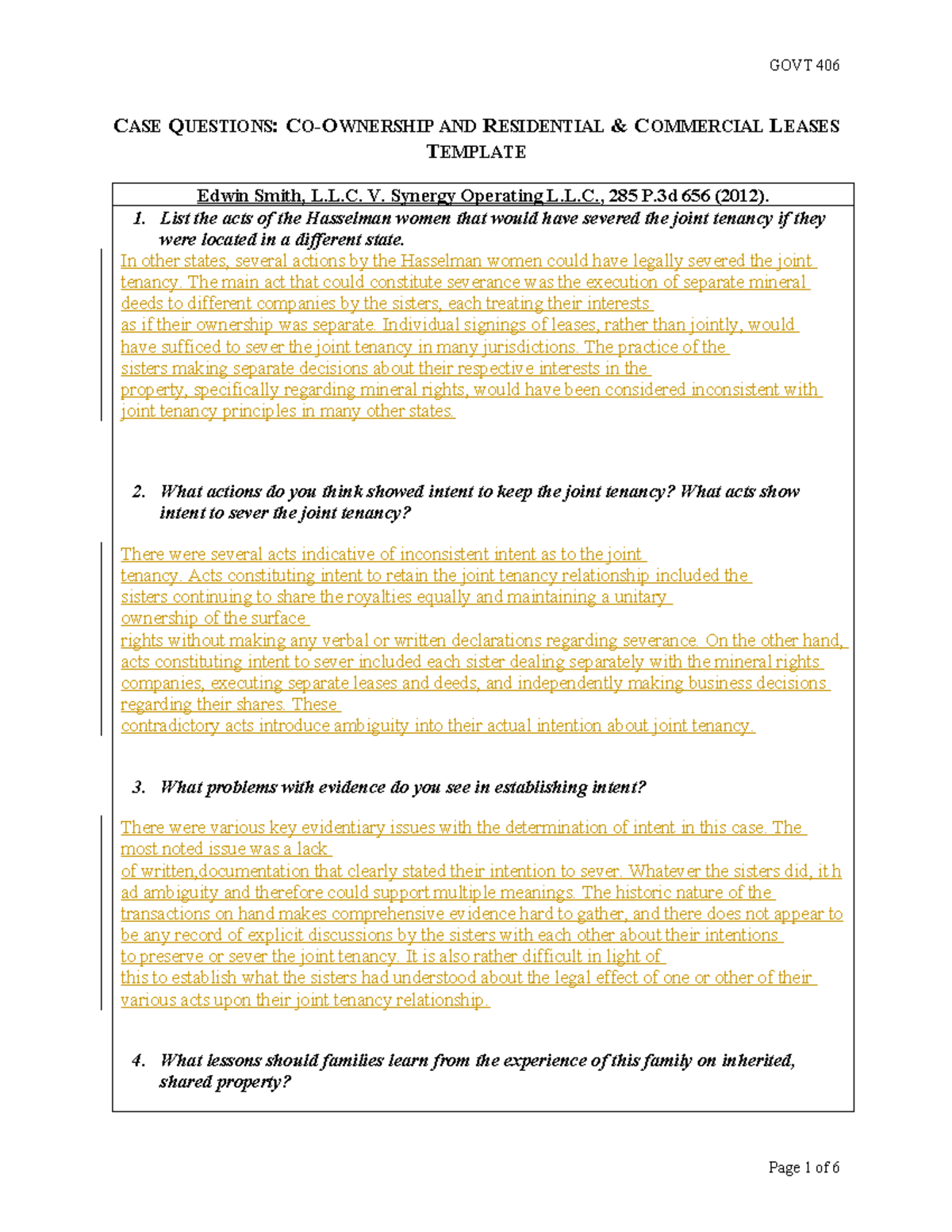 Co-Ownership & Leases: Key Case Questions and Answers (Law 101) - Studocu