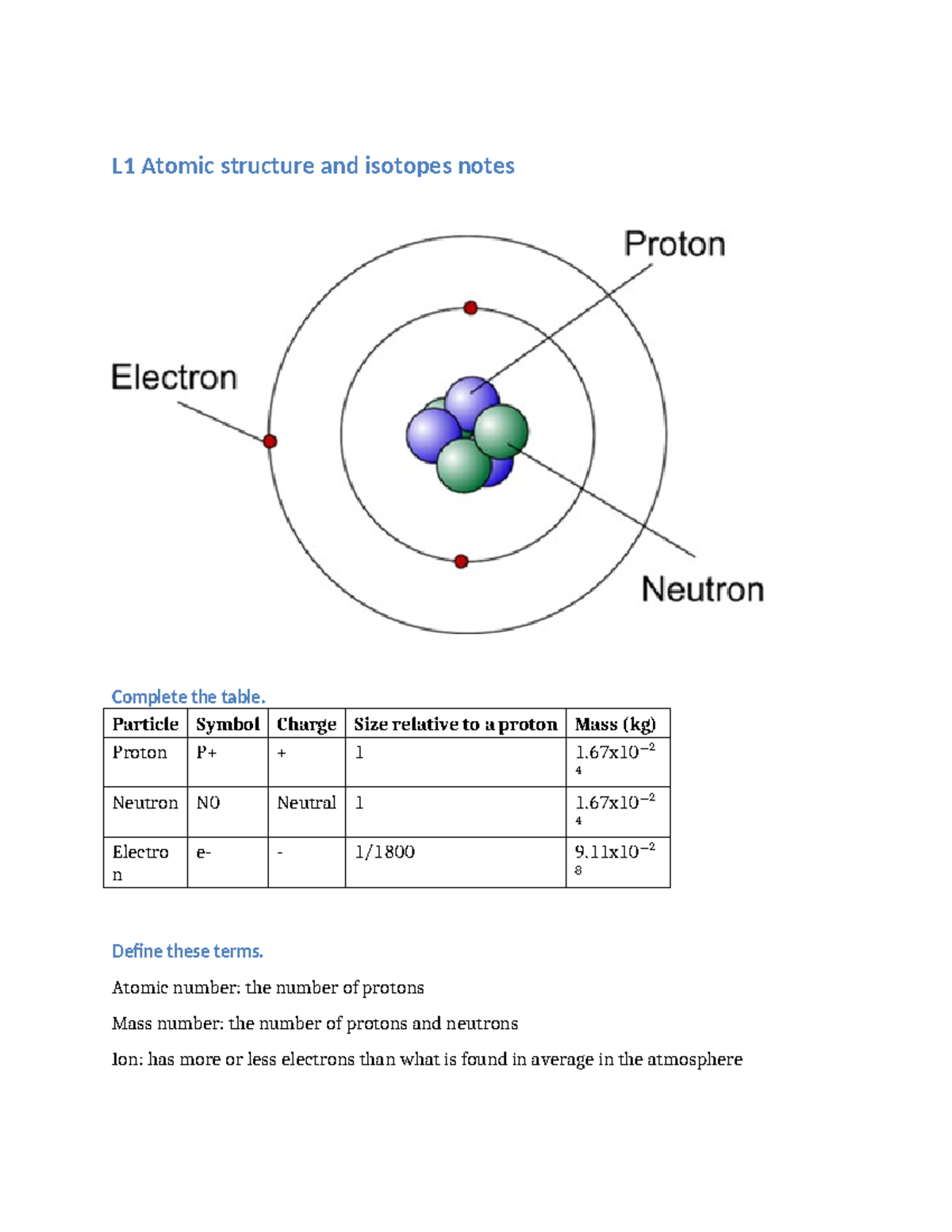 L1 - Summary Notes on Atomic Structure and Isotopes - Studocu