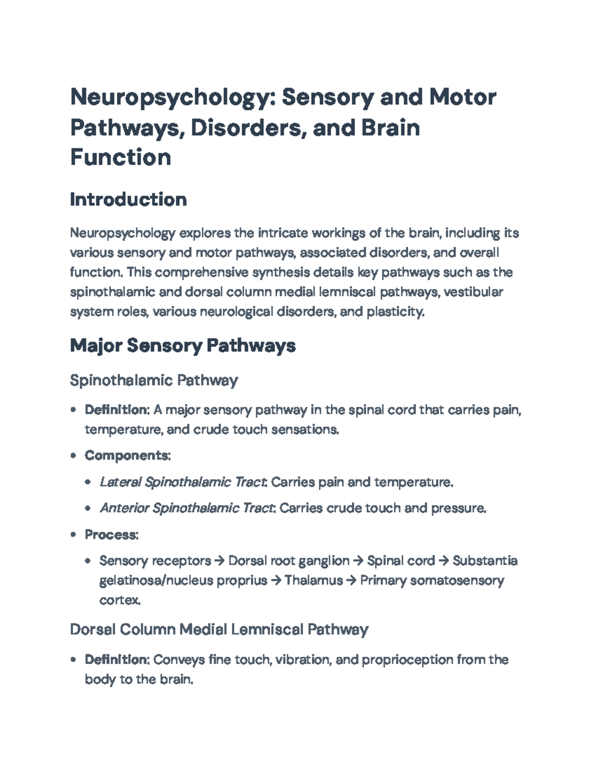 Neuropsychology: Sensory & Motor Pathways, Disorders, and Brain ...