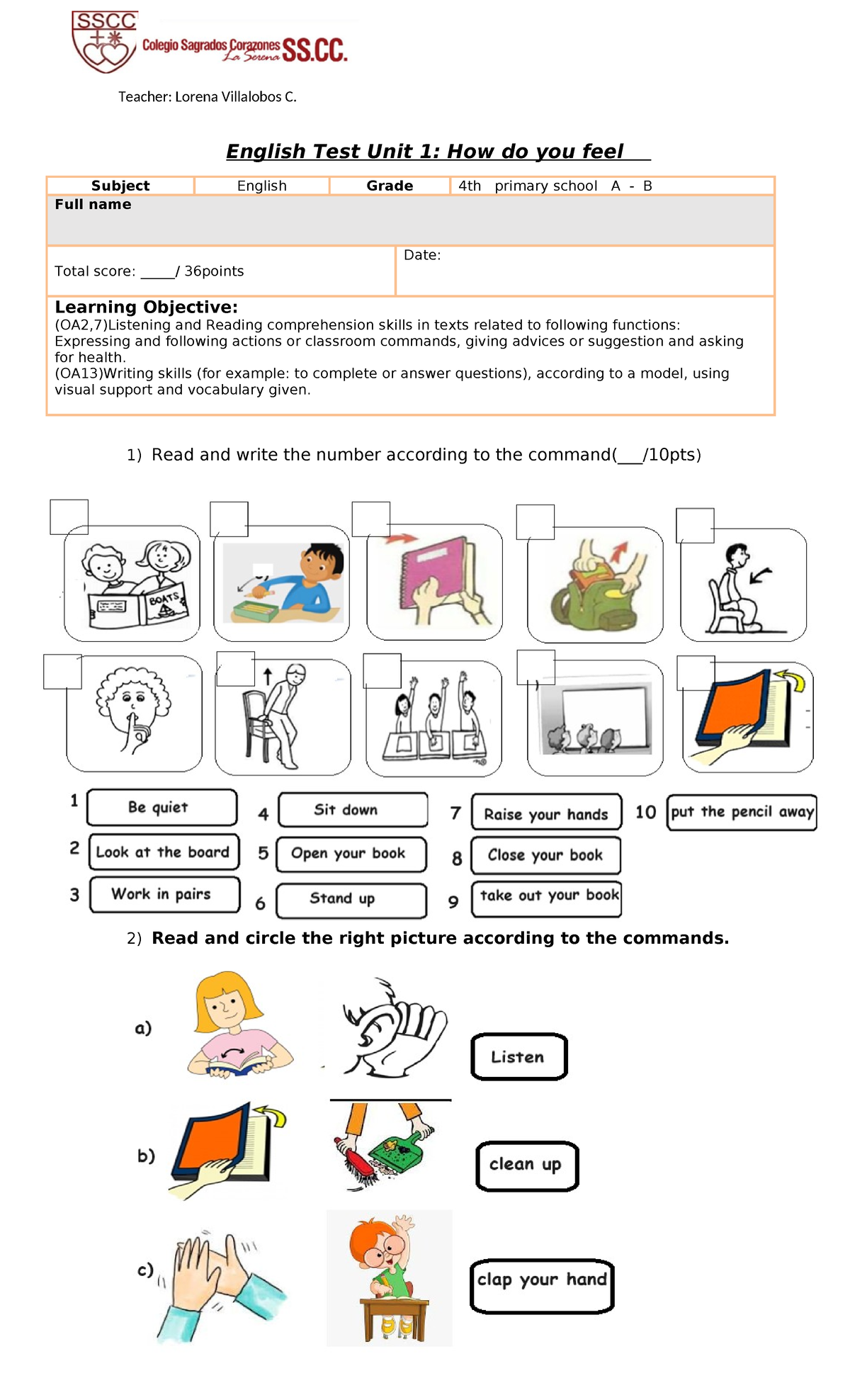 English Test 4th Grade - Unit 1: Comprehension & Writing Skills - Studocu