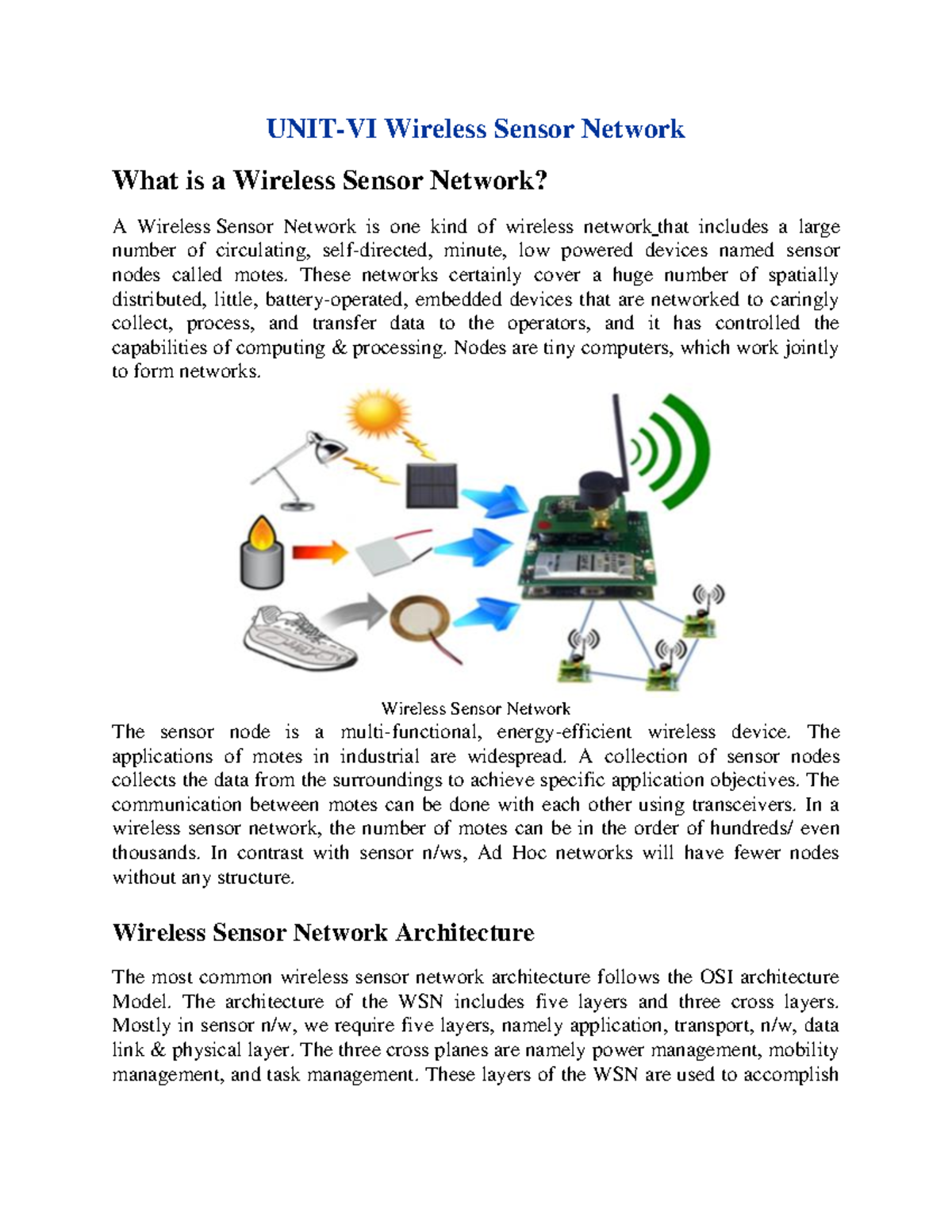 Unit 6 - Wireless Sensor Network Architecture Overview and Types - Studocu