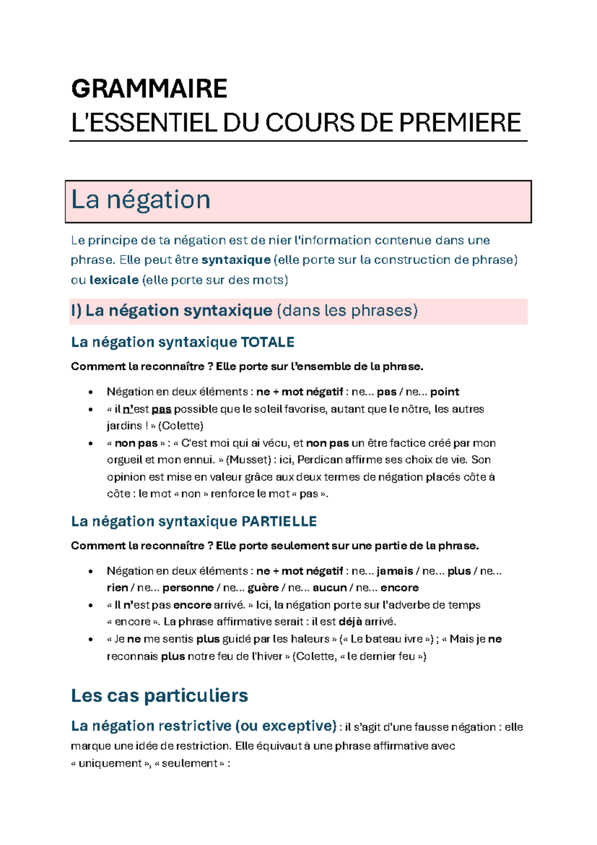 Grammaire EAF 2025 : La Négation en Français - Studocu
