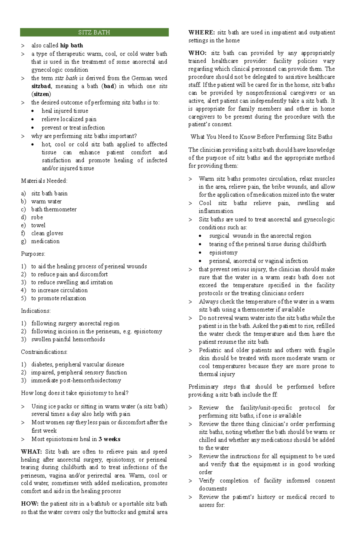 SITZ BATH Instructions and Guidelines for Maternal Care (Skills) - Studocu