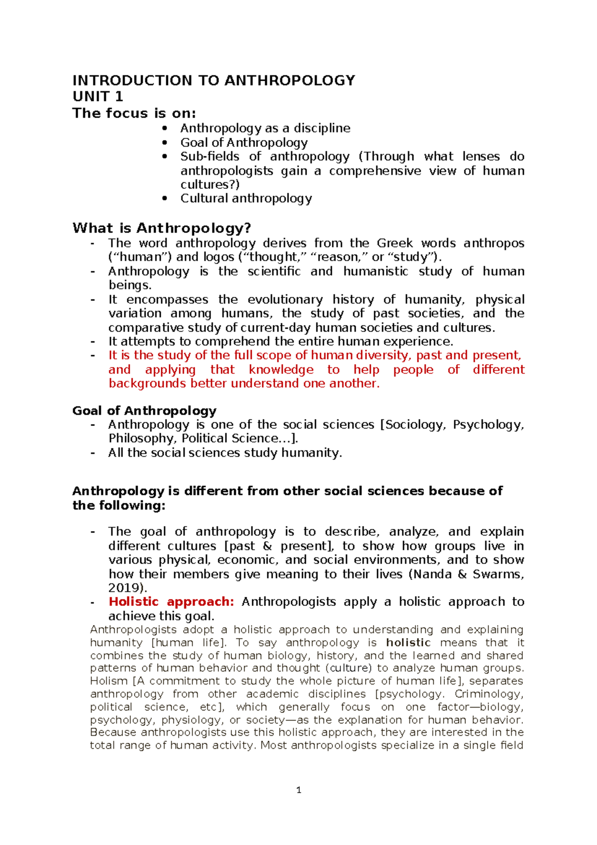 HANA011 UNIT 1 - Introduction to Anthropology: Key Concepts and Goals ...