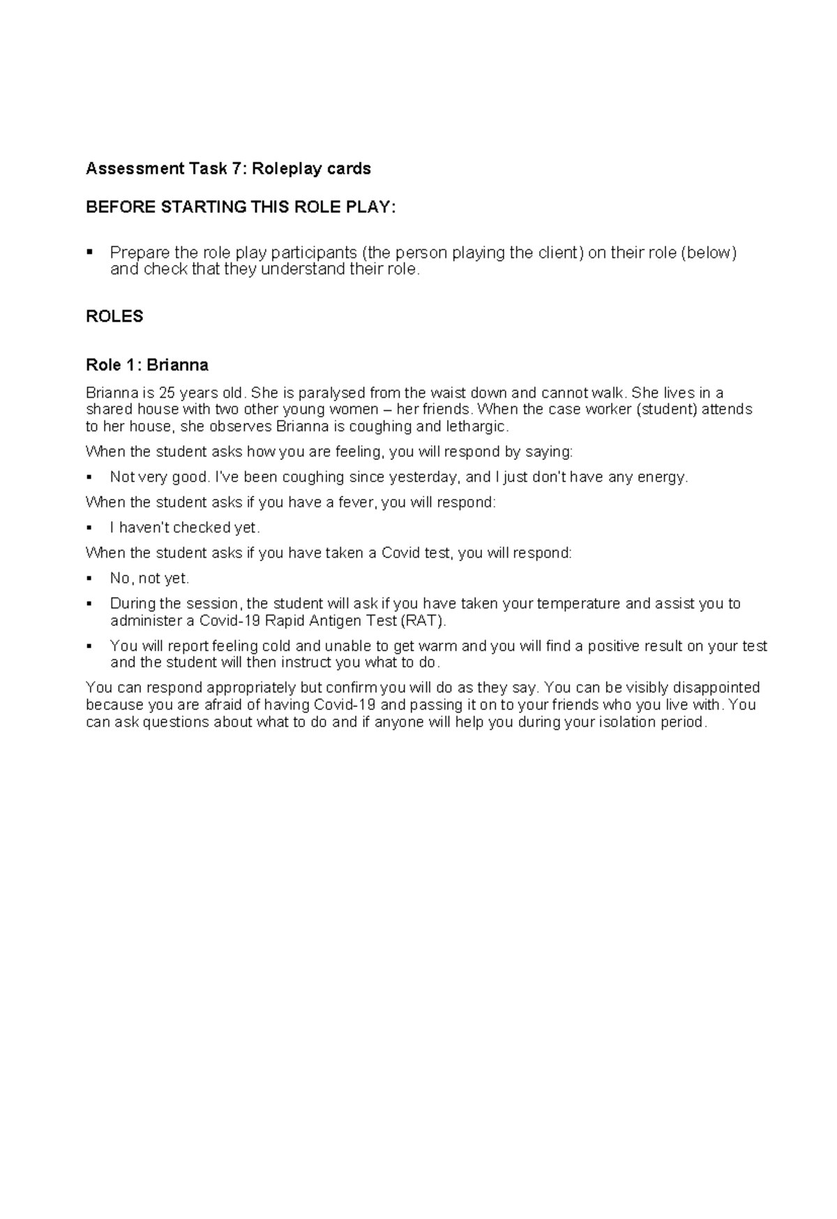 Hltinf 006 & Hltwhs 002 Roleplay Card for Brianna's Assessment Task 7 ...