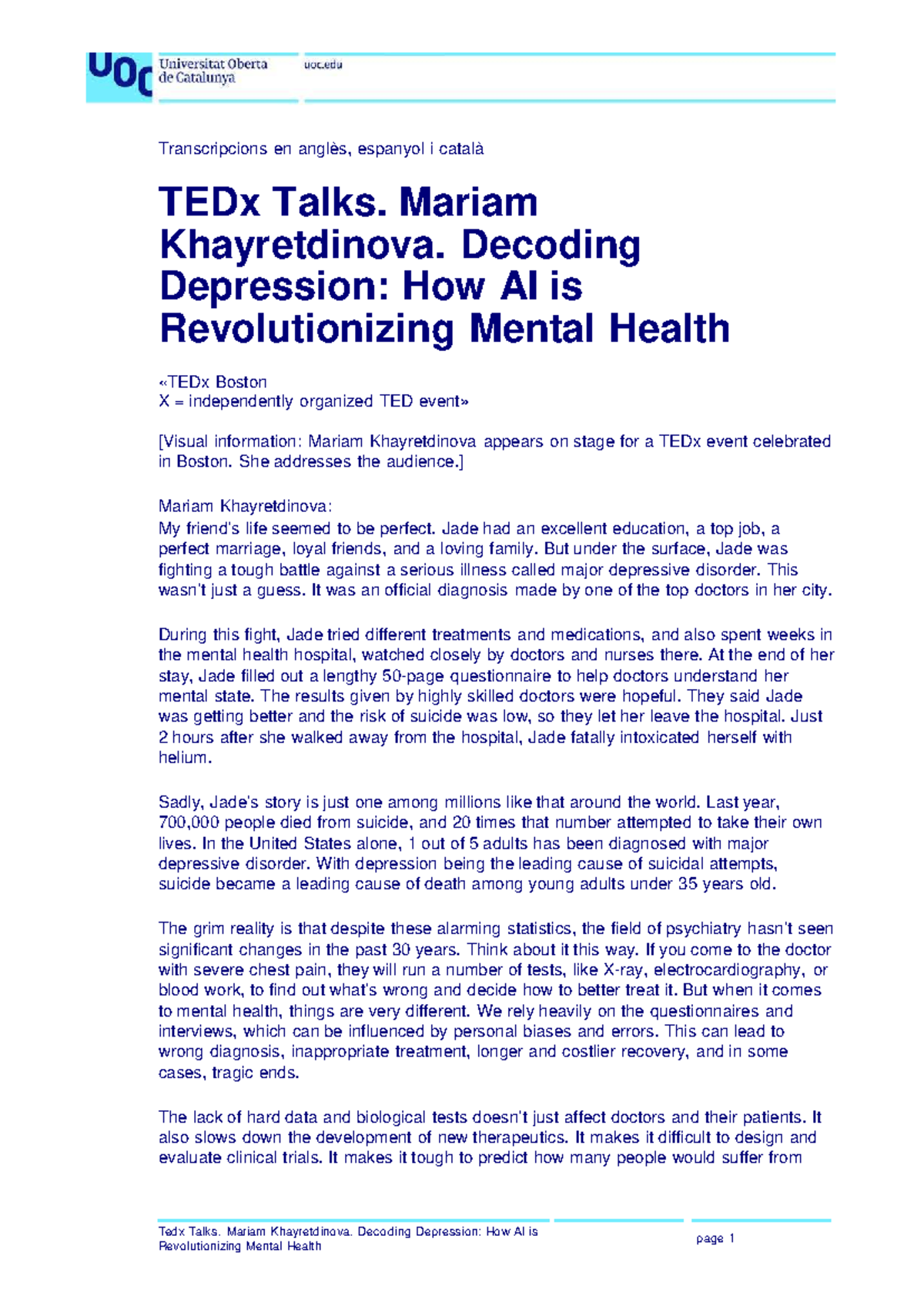 TEDx Talk: Decoding Depression with AI - Mariam Khayretdinova - Studocu