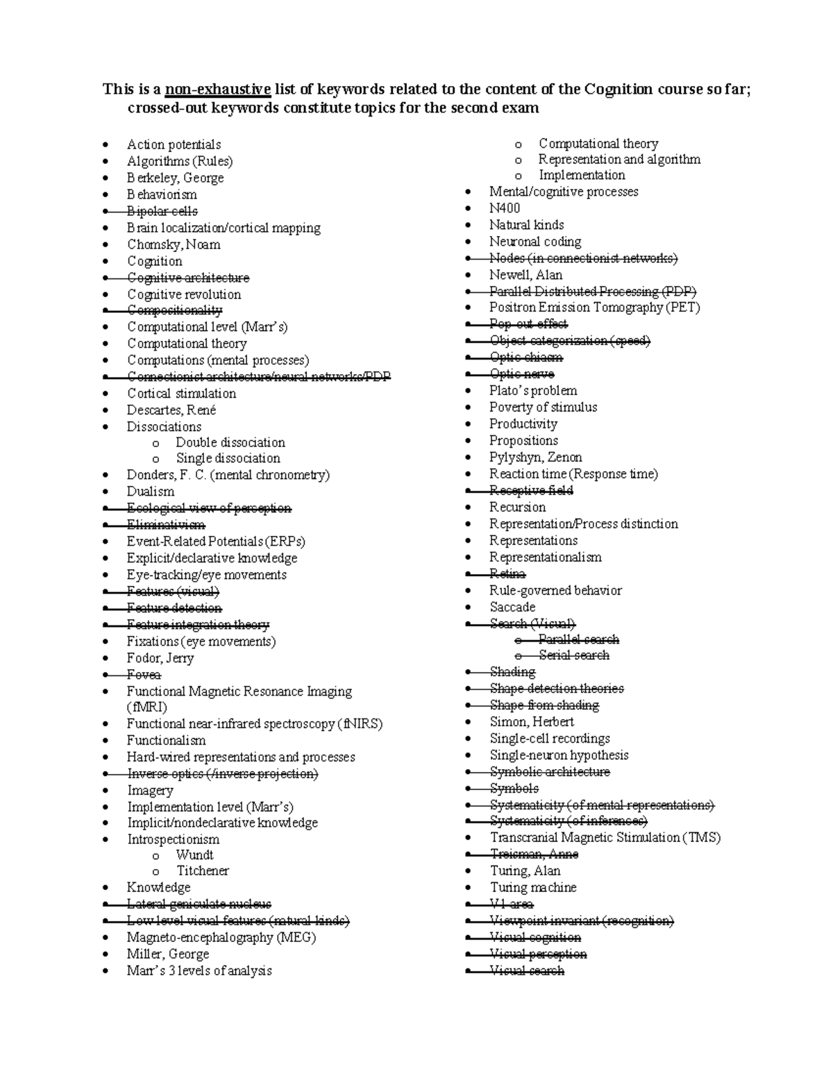 Psyc 364 Keywords for Second Exam - Cognition Topics List - Studocu