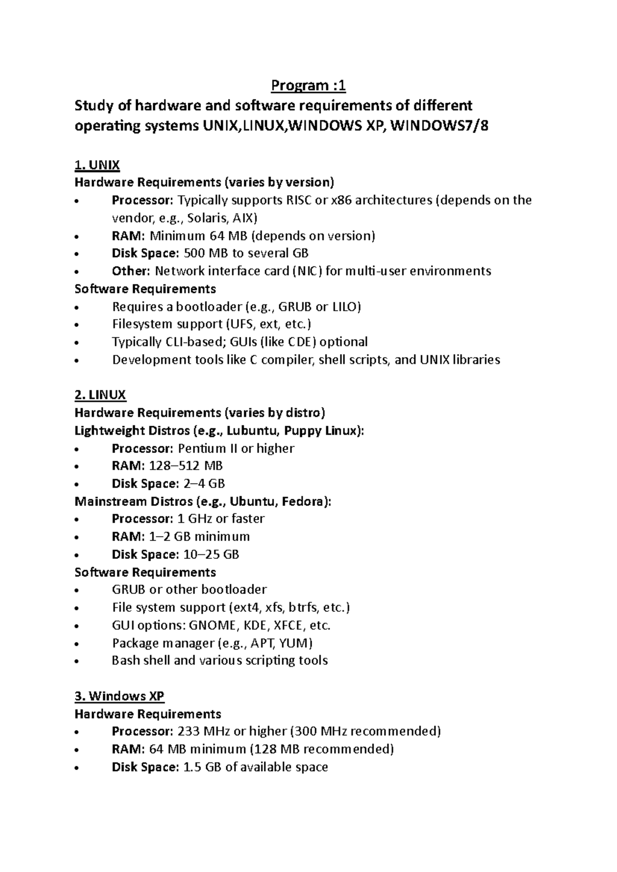 Operating Systems Study: Hardware & Software Requirements (Prog:1,2 ...