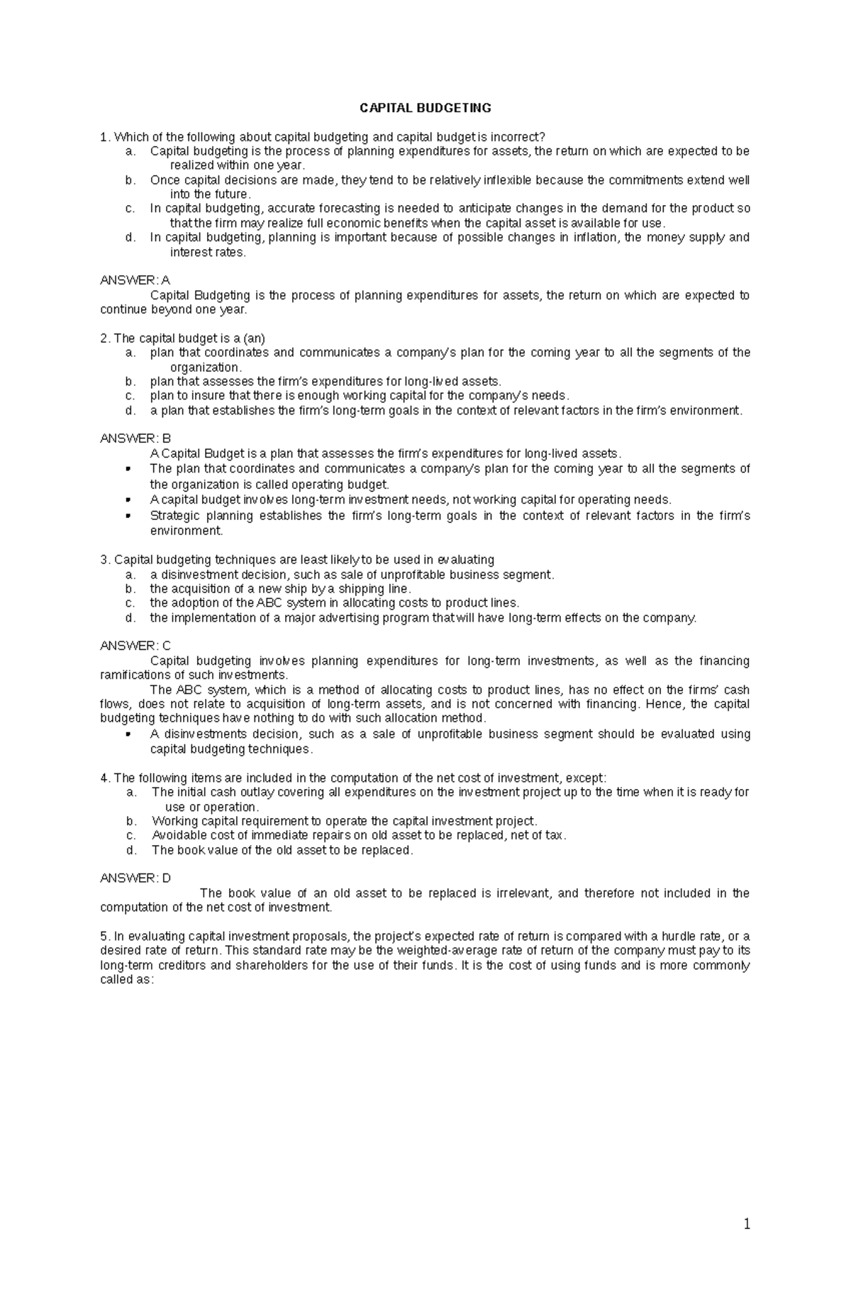 Pdfcoffee - Quiz - CAPITAL BUDGETING Which of the following about capital budgeting and capital ...