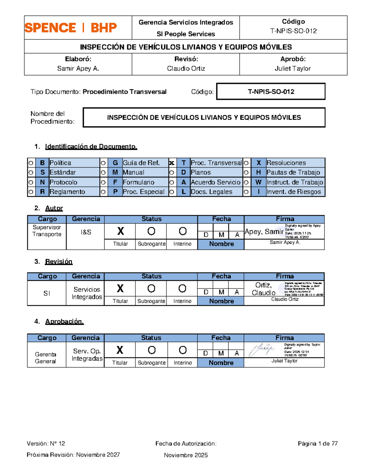 Estandar T-NPI-SO-012: Inspección de Vehículos Livianos y Equipos ...