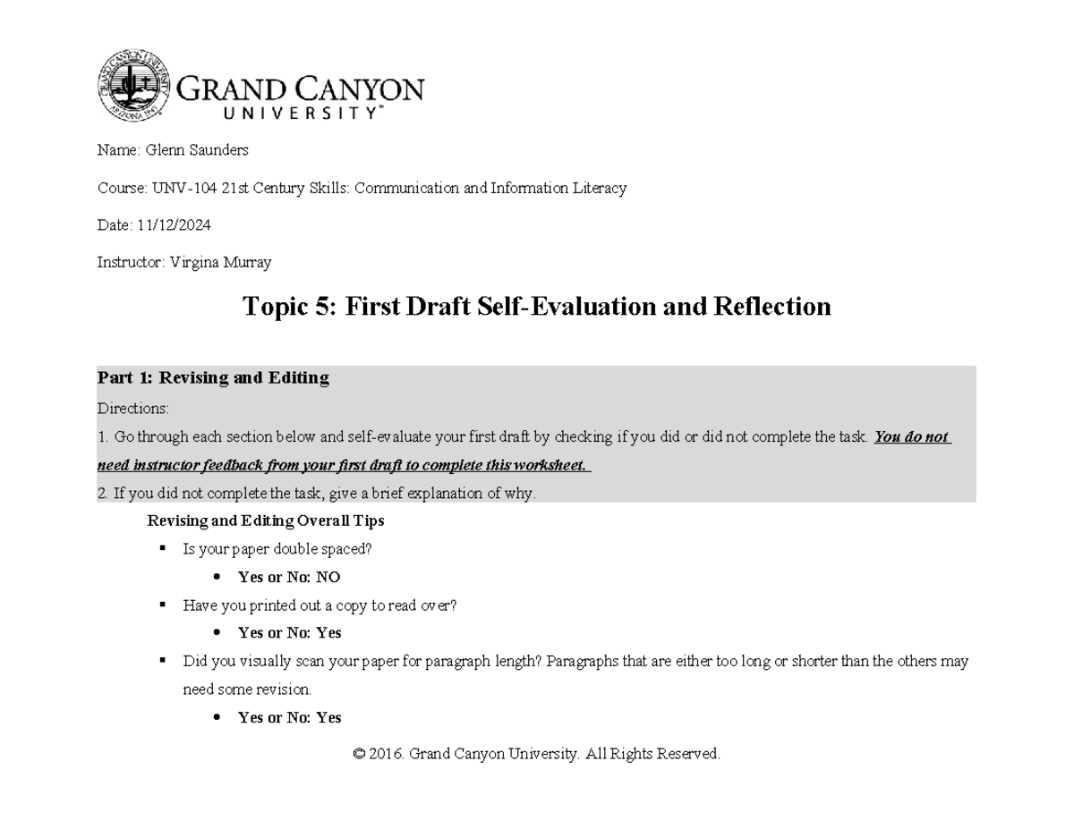 UNV 104 RS T5 First Draft Self Evaluationand Reflection - Name: Glenn ...