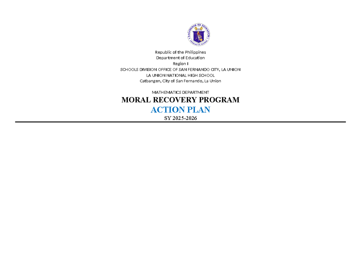 Action Plan for Moral Recovery Program SY - La Union National High ...