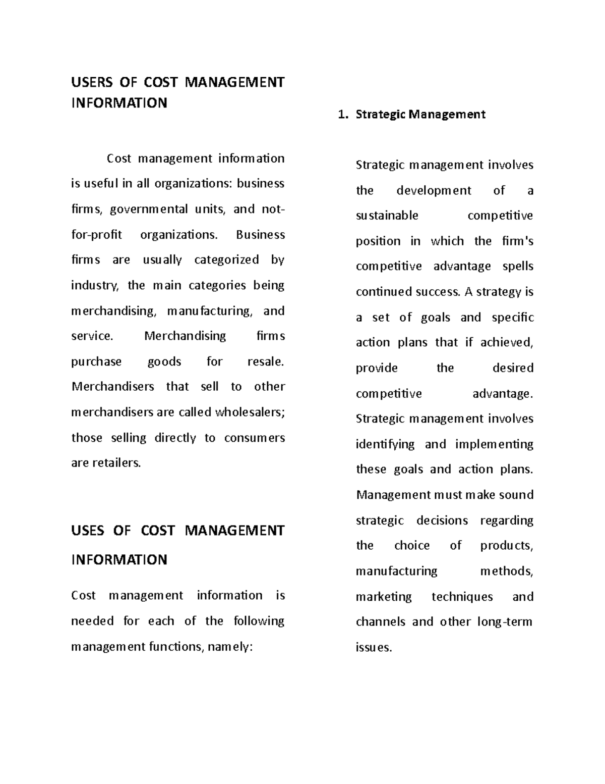 Users of Cost Management Info: Strategic, Planning & Control - Studocu