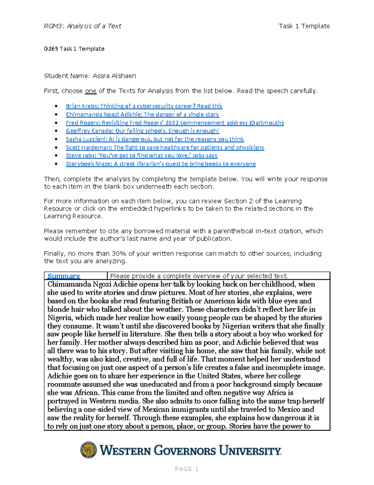 RGM3: Text Analysis of Chimamanda Ngozi Adichie's Speech - Studocu