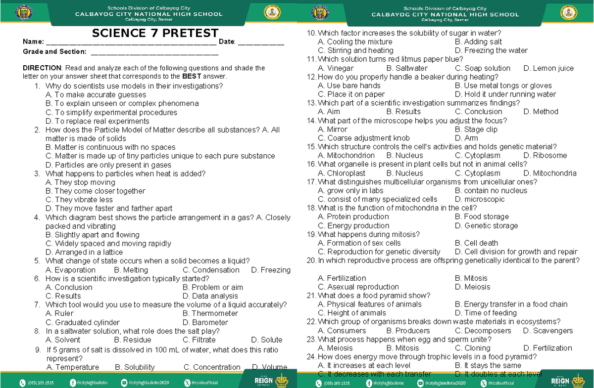 SCIENCE 7 PRETEST: Sample Questions and Answers - Studocu