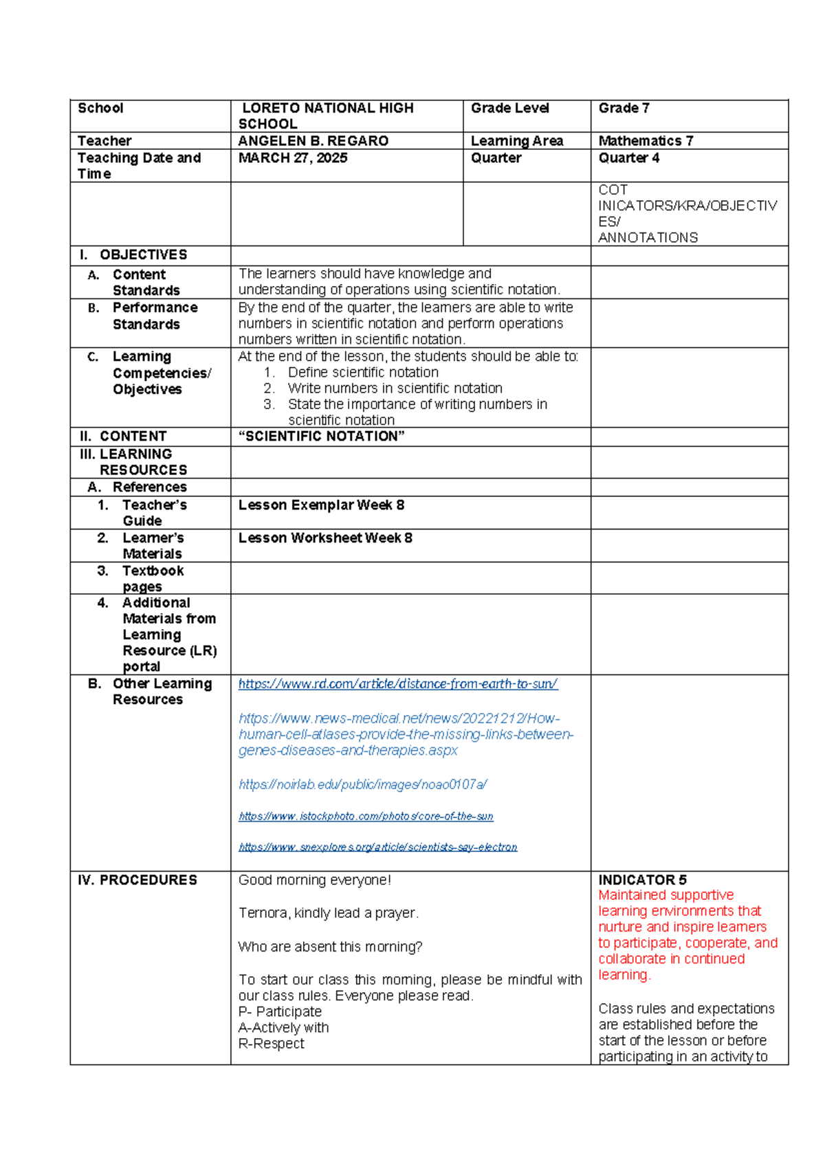 Mathematics 7 Quarter 4 Lesson Plan: Scientific Notation - Studocu