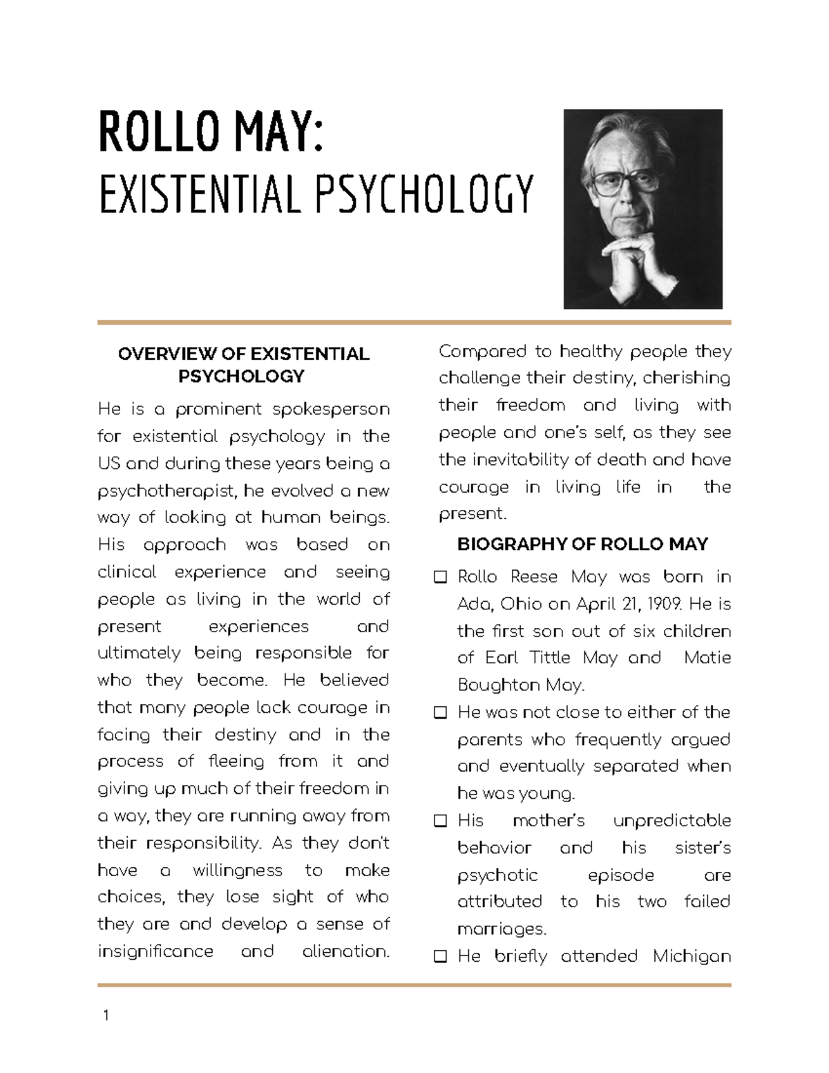 Rollo May: Key Concepts of Existential Psychology Handouts - Studocu
