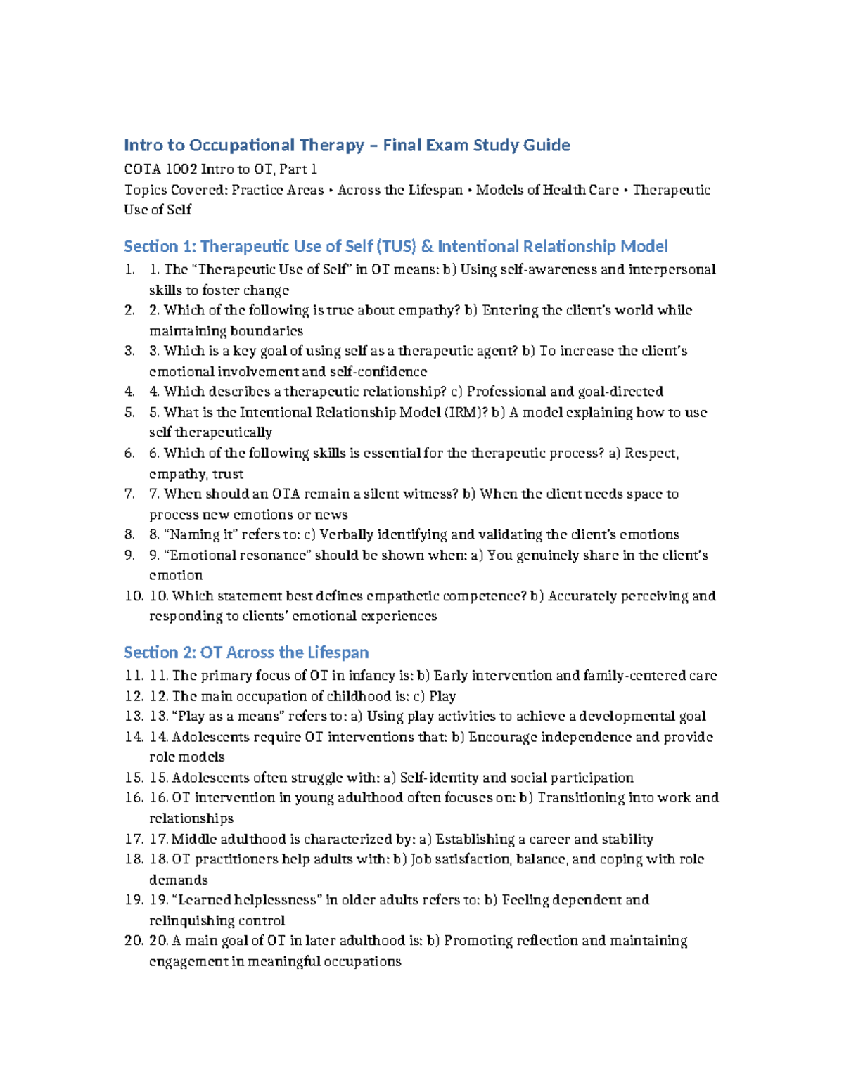 Intro to Occupational Therapy COTA 1002 Final Exam Study Guide - Studocu