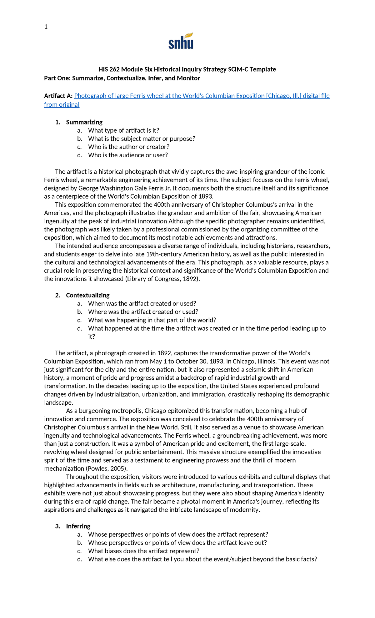 HIS 262 Module Six Historical Inquiry: Analyzing the Columbian ...