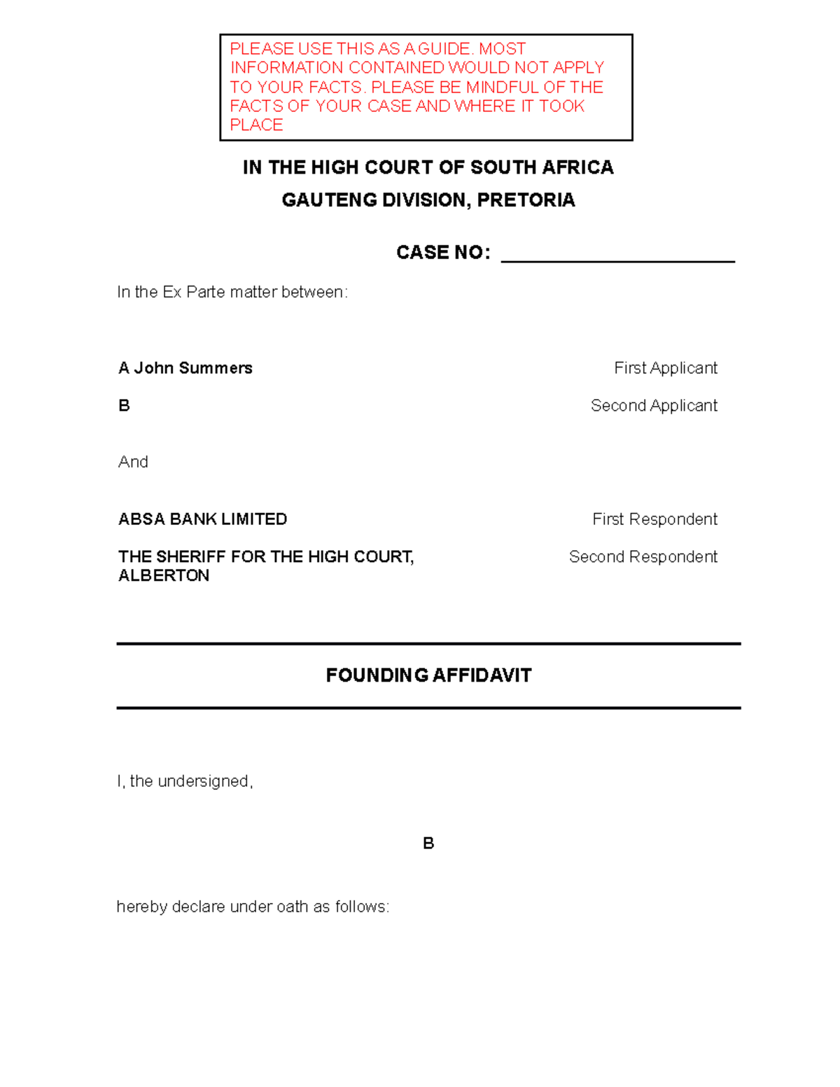 Amended Affidavit Template Example for High Court Case No: ____ - Studocu