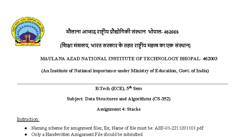 Assignment 4: Stacks - Data Structures & Algorithms (B.Tech ECE, 5th Sem) - Studocu