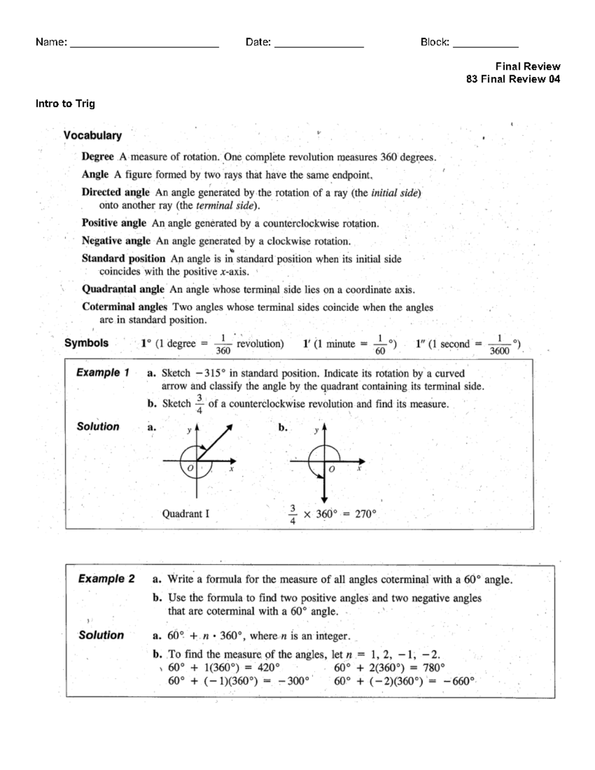 Final Review: Intro to Trig and Trigonometric Functions 83 - Name