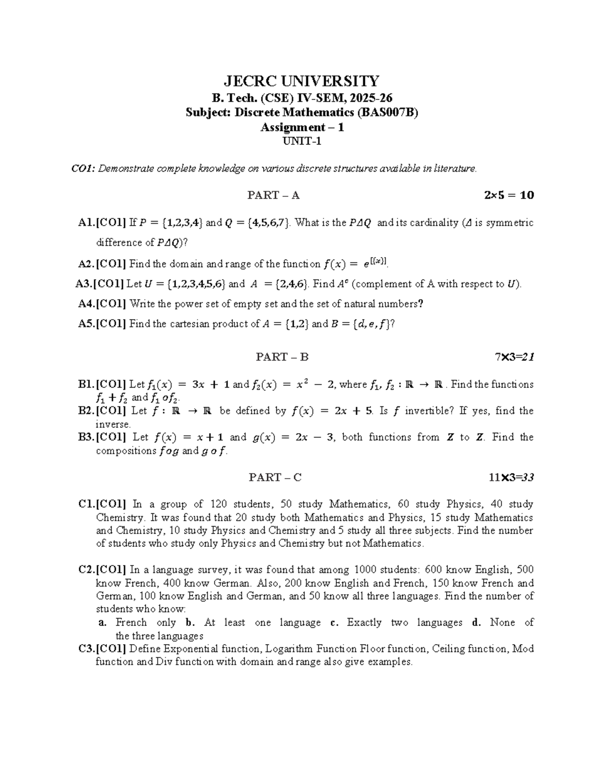 DM-Assignment 1 - Discrete Mathematics (BAS007B) Overview and Problems ...