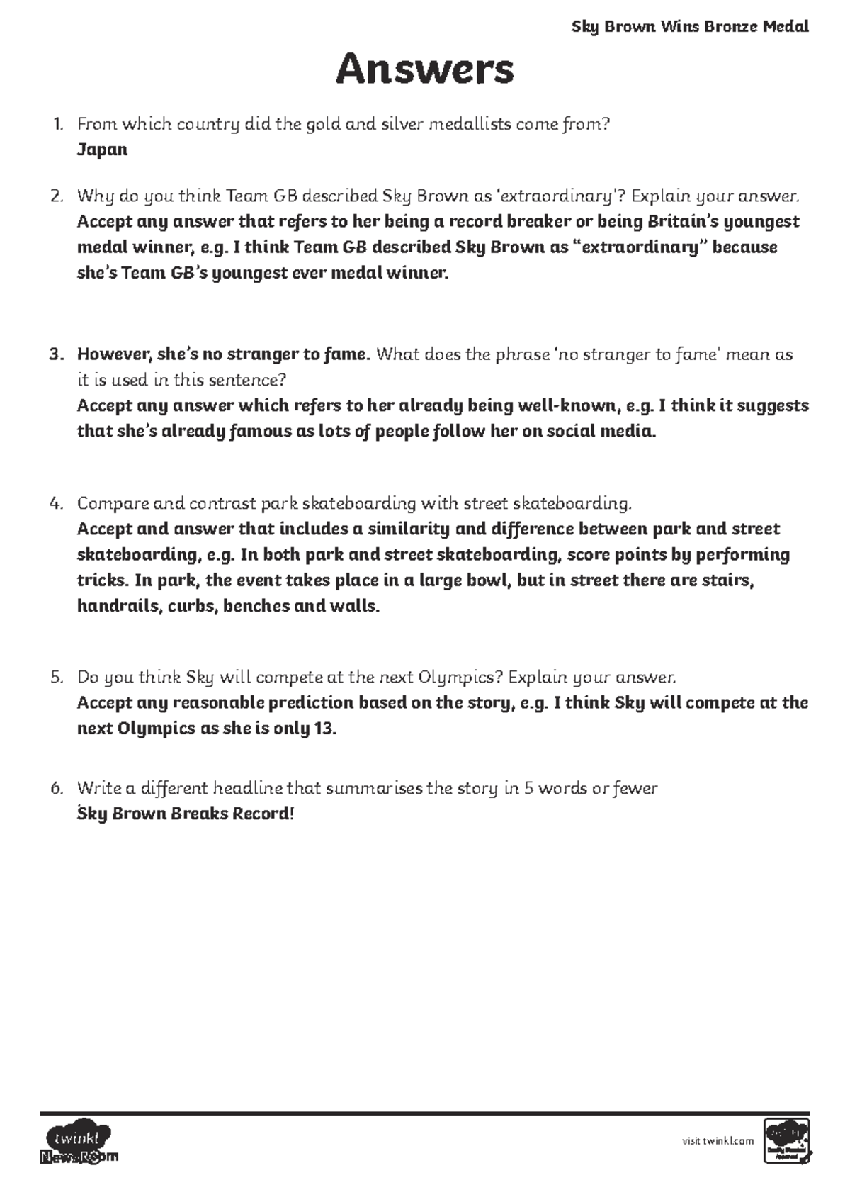 UKS2 Daily Article Answers: Sky Brown Wins Bronze Medal - Studocu