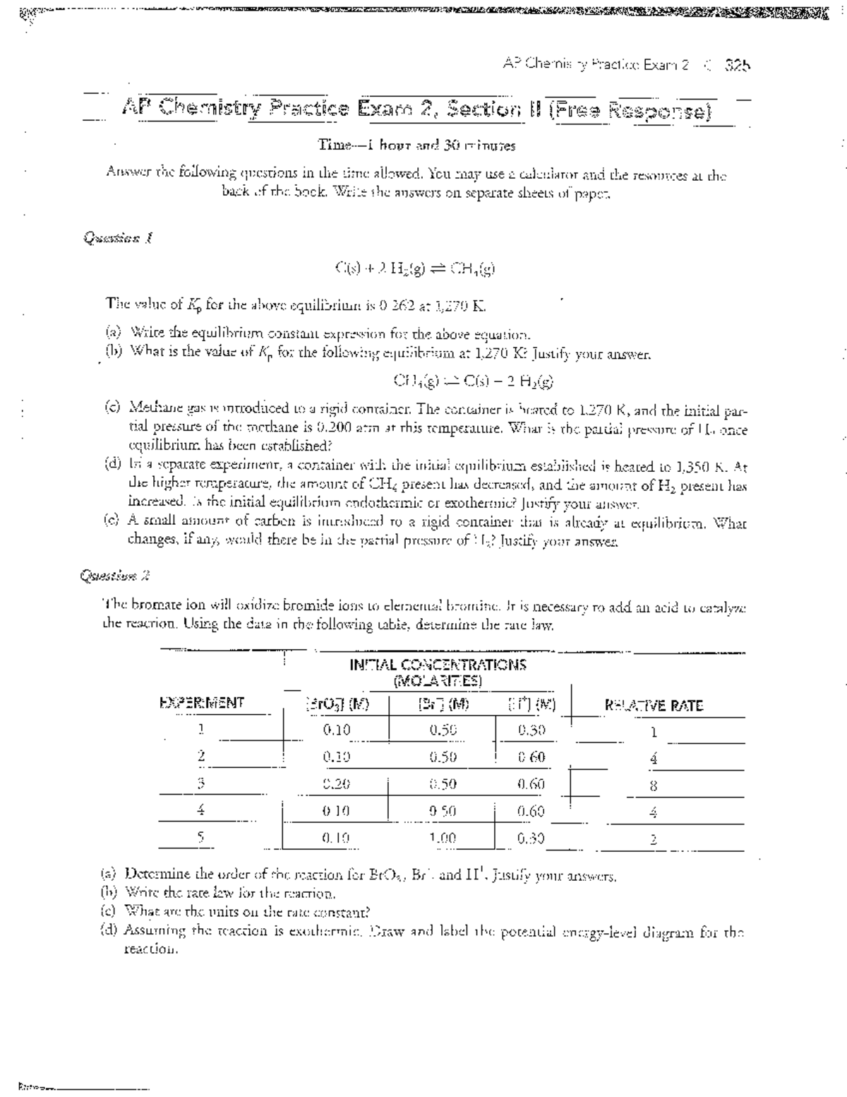 AP Chemistry Practice Exam 2: Equilibrium & Rate Laws Analysis - Studocu