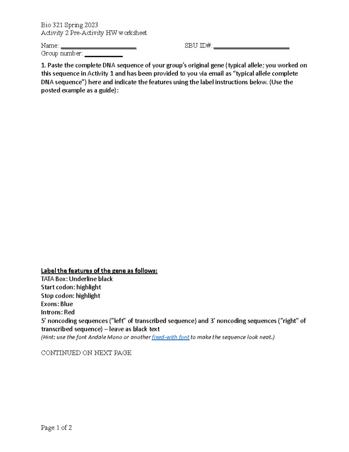 Bio 321 Sp23 Activity 2 Pre-Activity Homework Worksheet - Studocu