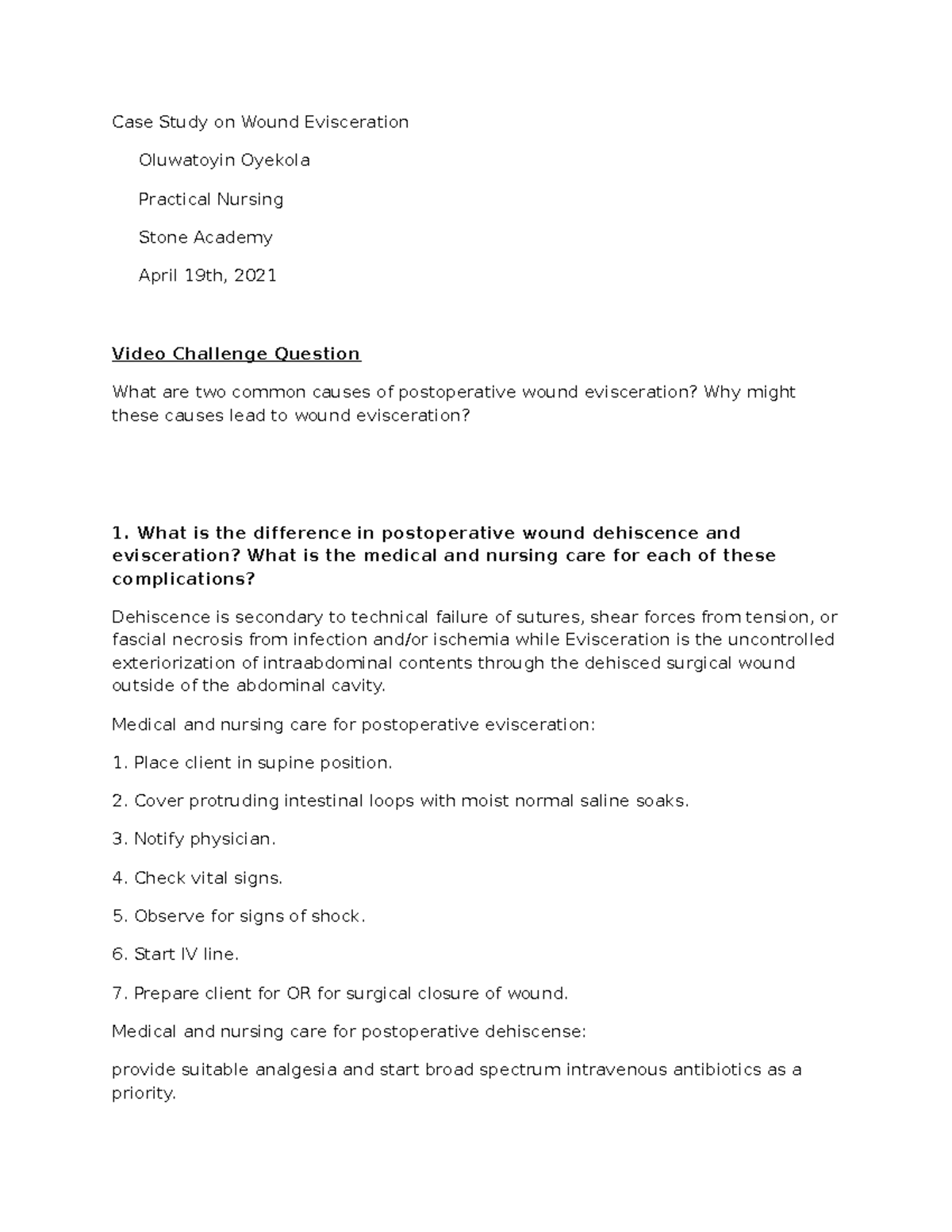 PN 2021 Wound Evisceration: Lecture Notes & Case Study Summary - Studocu