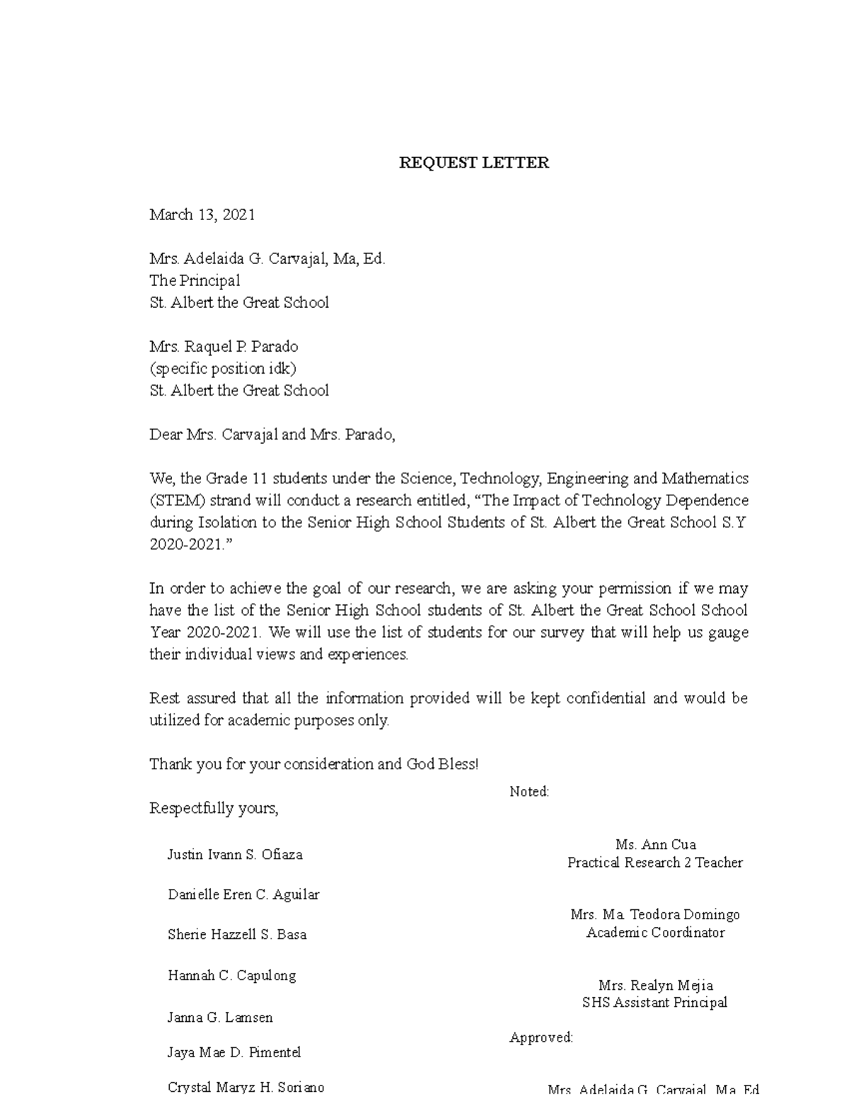 Request Letter for List of Names for Survey - REQUEST LETTER March 13 ...