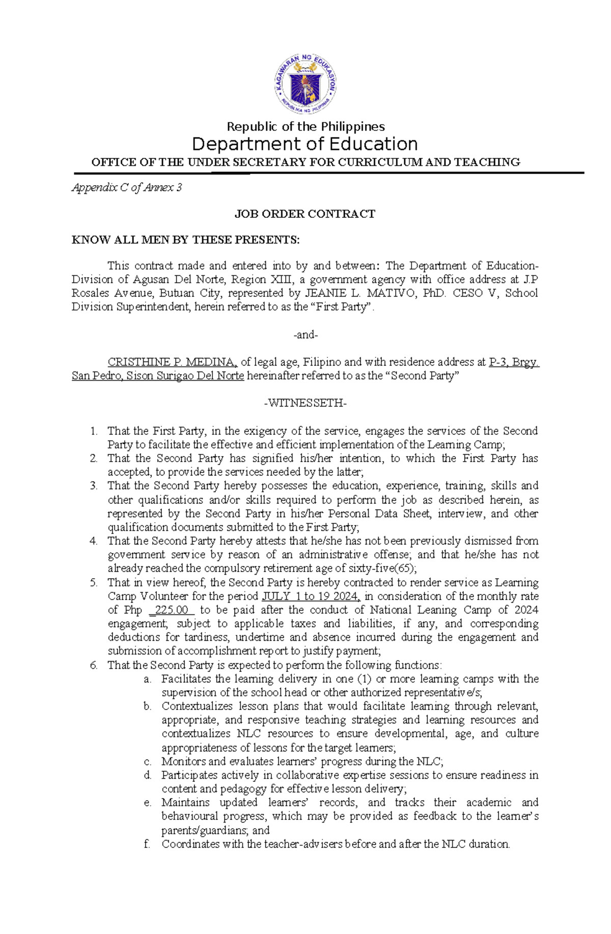 Job Order NCL - Republic of the Philippines Department of Education ...